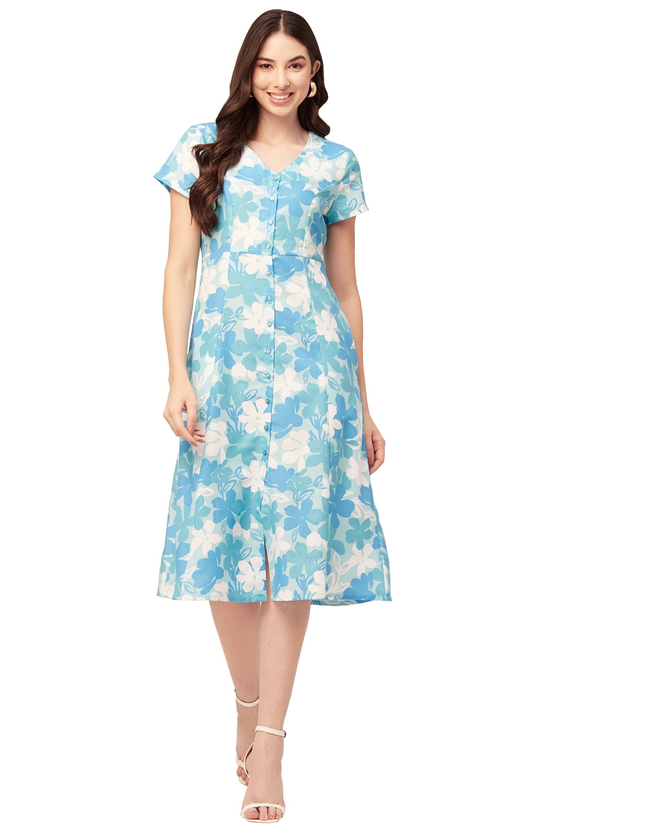 Moomaya Womens Printed Button Down Dress V Neck Short Sleeve Midi Dress ...