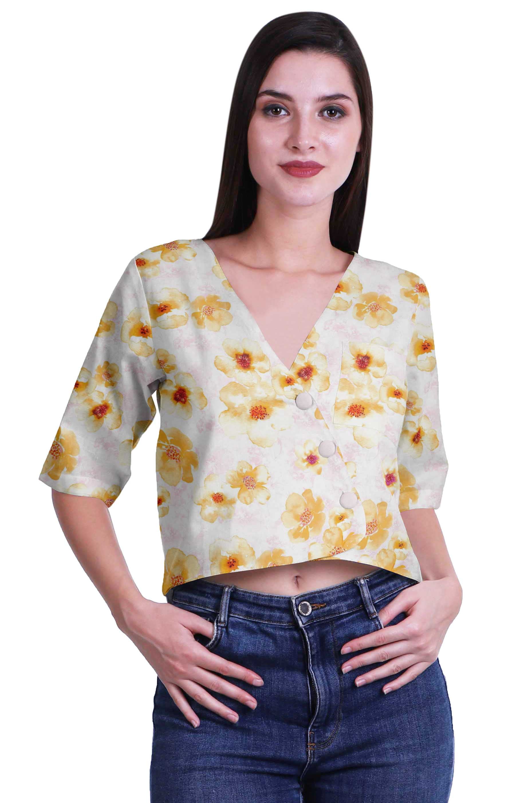 Moomaya Womens Printed Cotton V-neck Crop Top Elbow Sleeve Summer ...