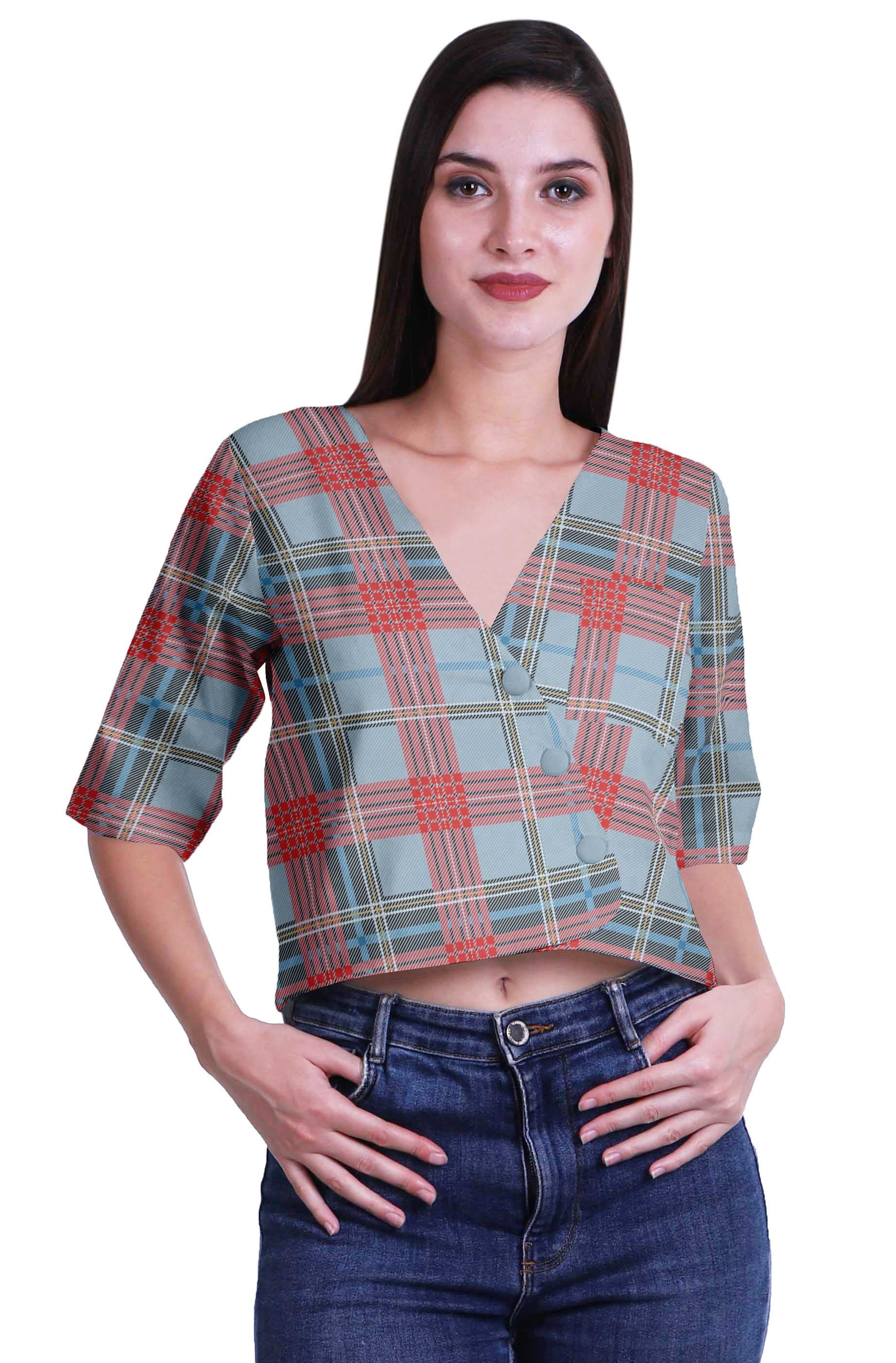 Moomaya Womens Printed Cotton V-neck Crop Top Elbow Sleeve Summer ...