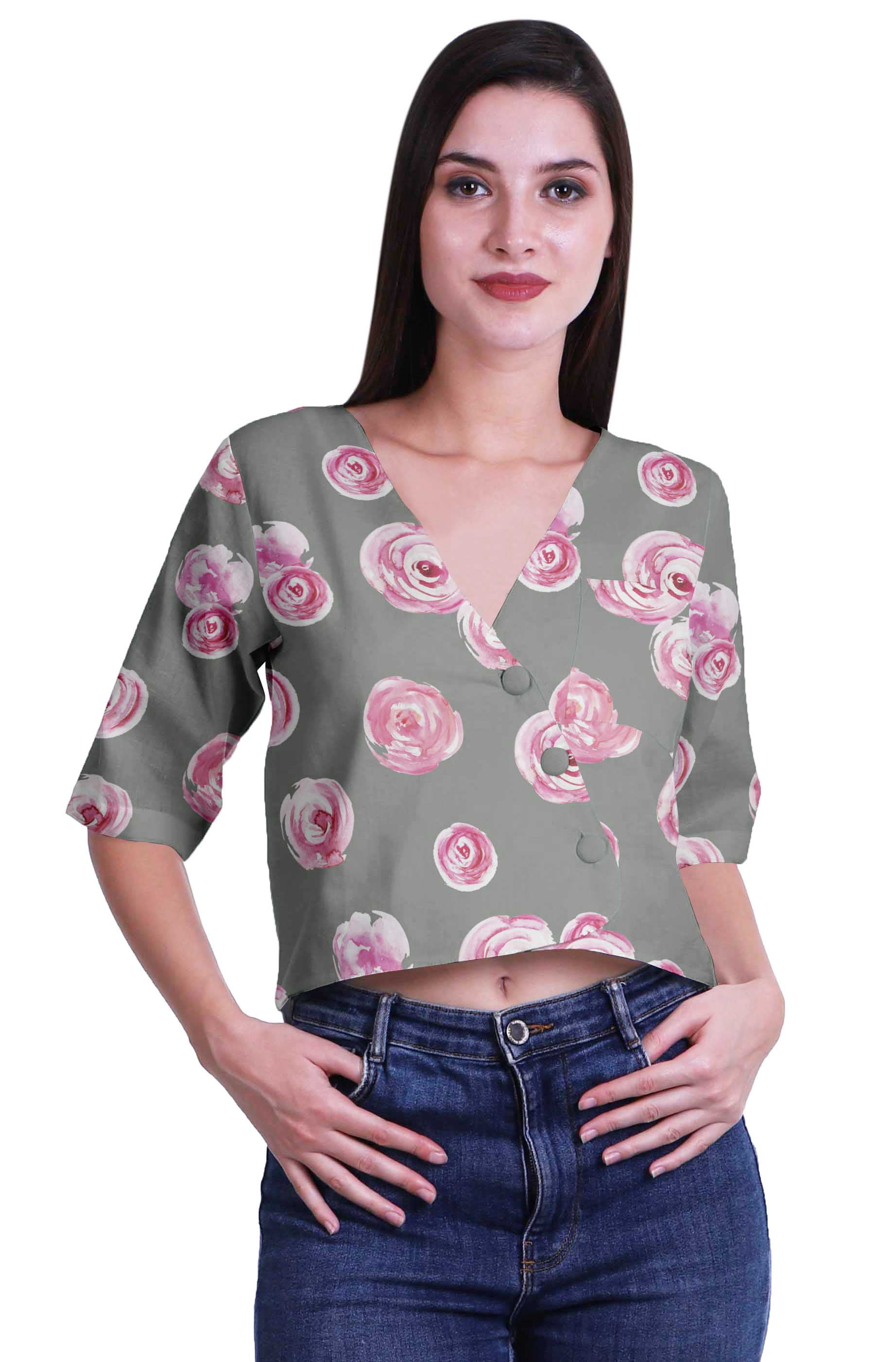 Moomaya Womens Printed Cotton V-neck Crop Top Elbow Sleeve Summer ...
