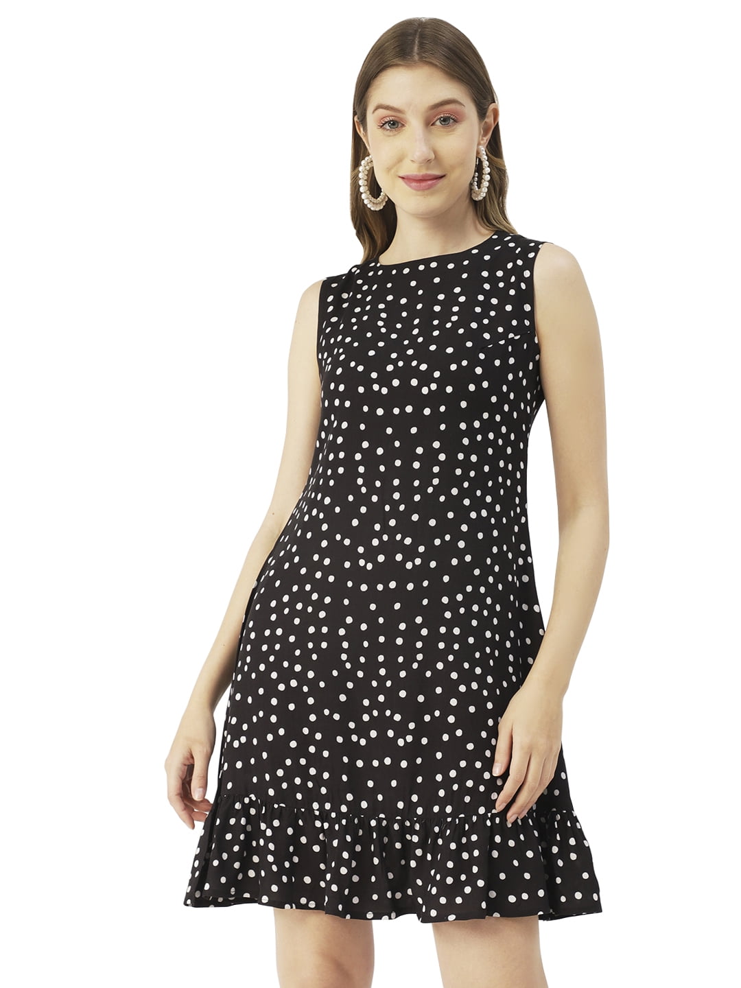 Moomaya Womens Printed Short Dress, Sleeveless Frilled Hem Round Neck ...