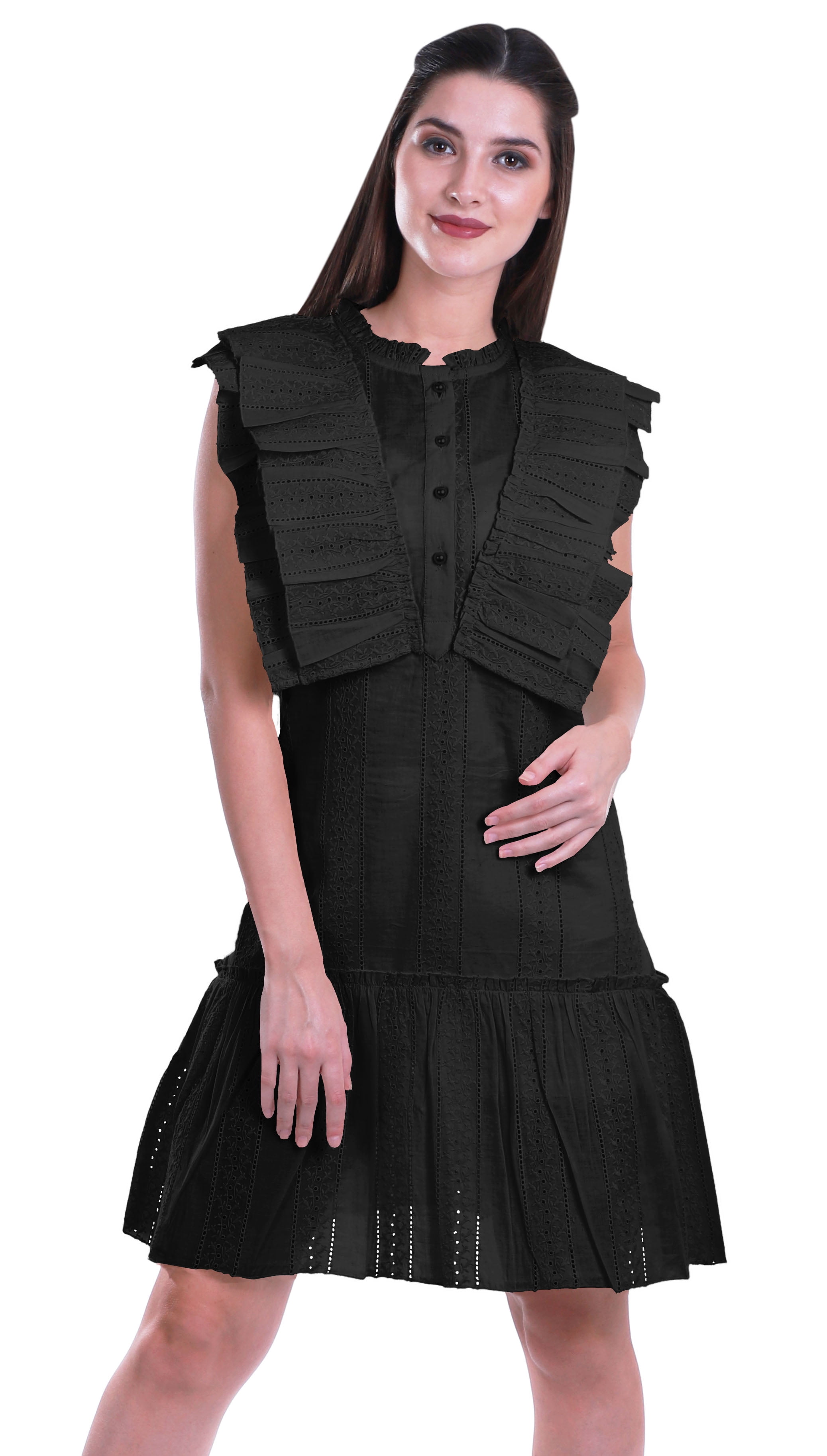 Moomaya Womens Ruffle Sleeve A,Line Schiffli Dress Solid Designer Party ...