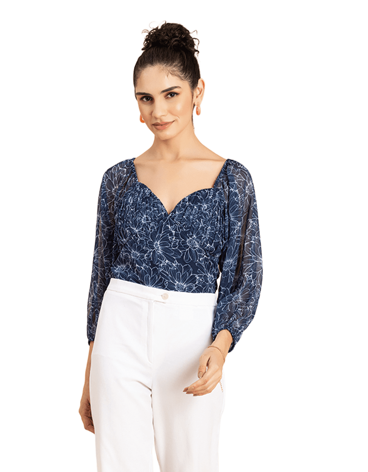 MoomayaWomens PrintedRuched Top,Sweetheart Neckline, Long Sleeves Crop ...