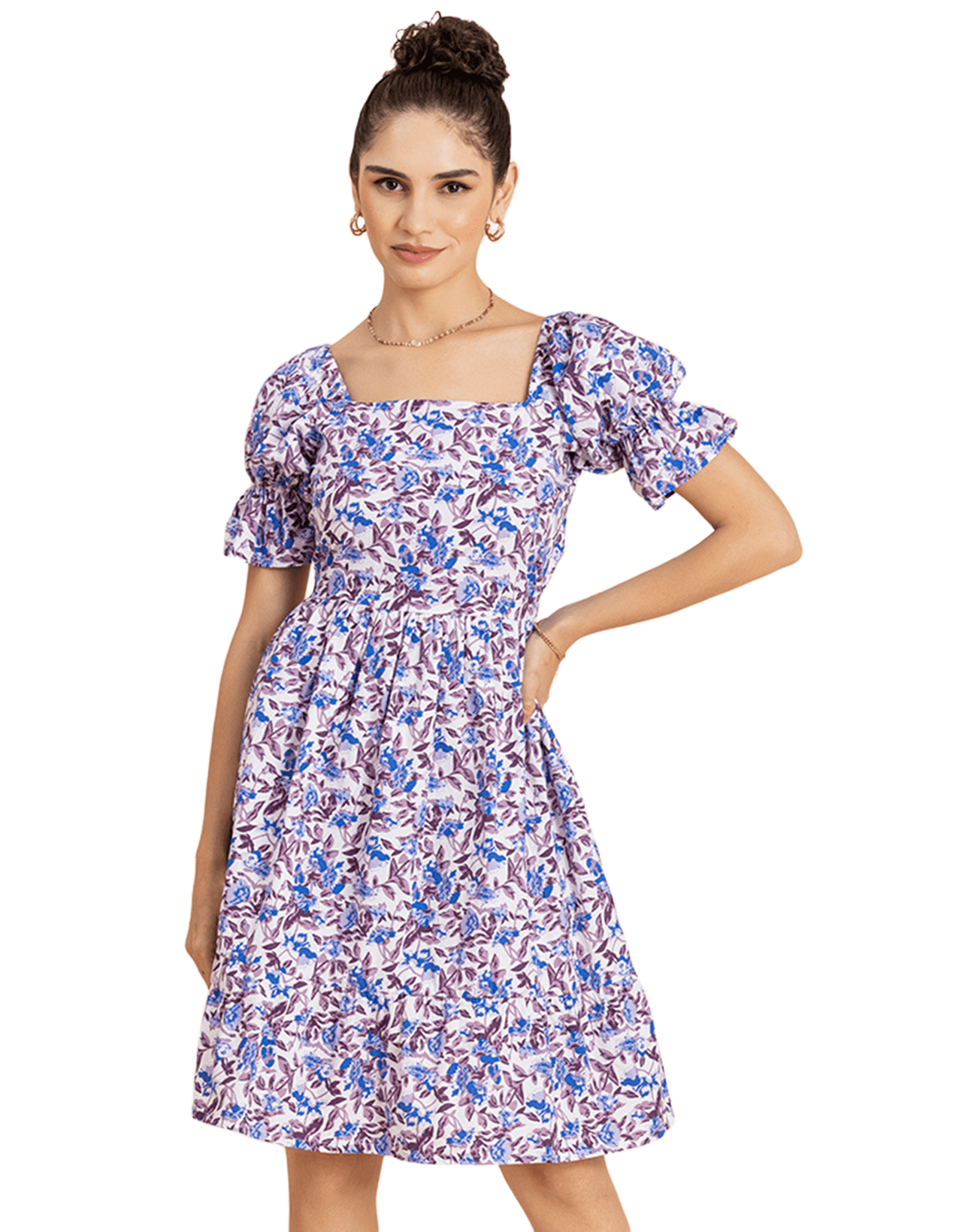 MoomayaWomens PrintedSquare Neck Summer Dress,Short PuffedSleeves ...