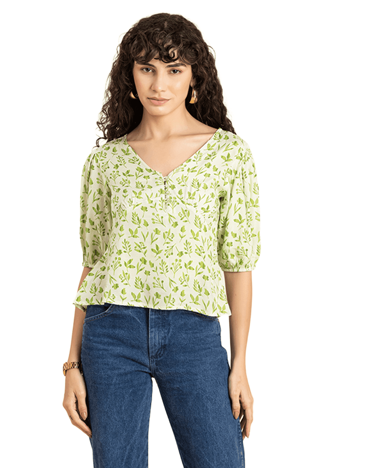 MoomayaWomens PrintedV-Neck Viscose Top,Puff Sleeves, Lightweight, Chic ...