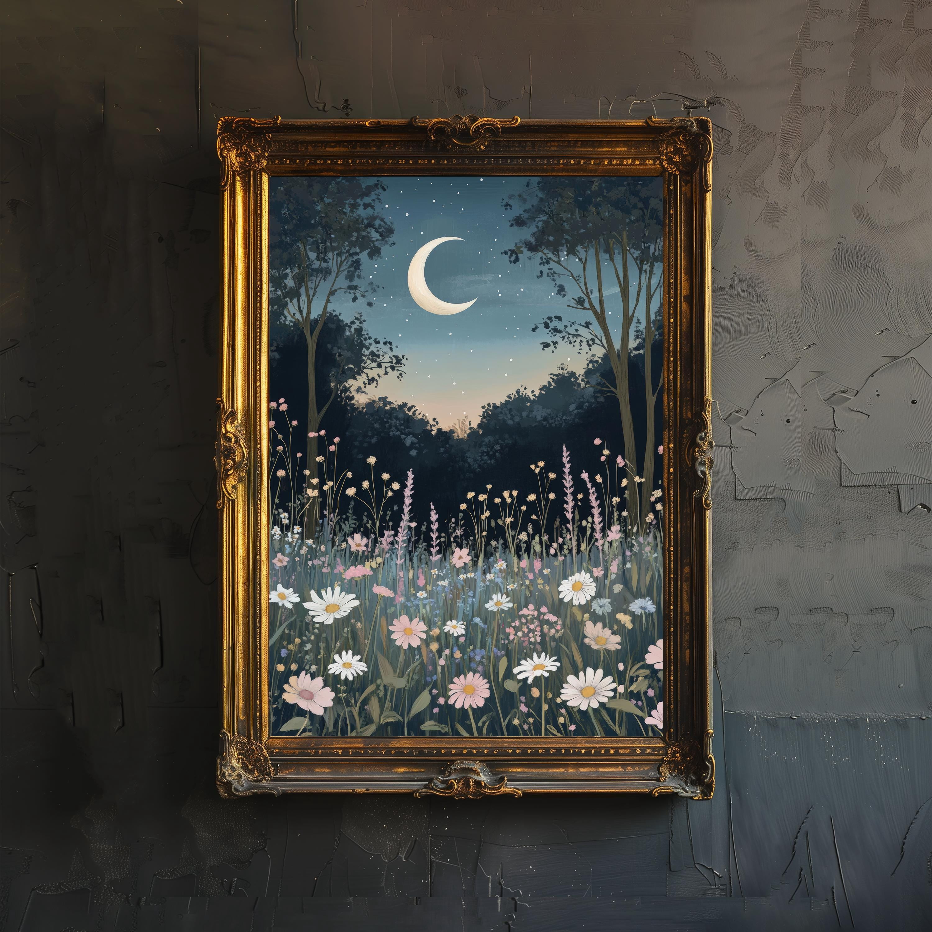 Moon Above Wild Flower Meadow Poster Cottagecore Decor Dark Academia ...