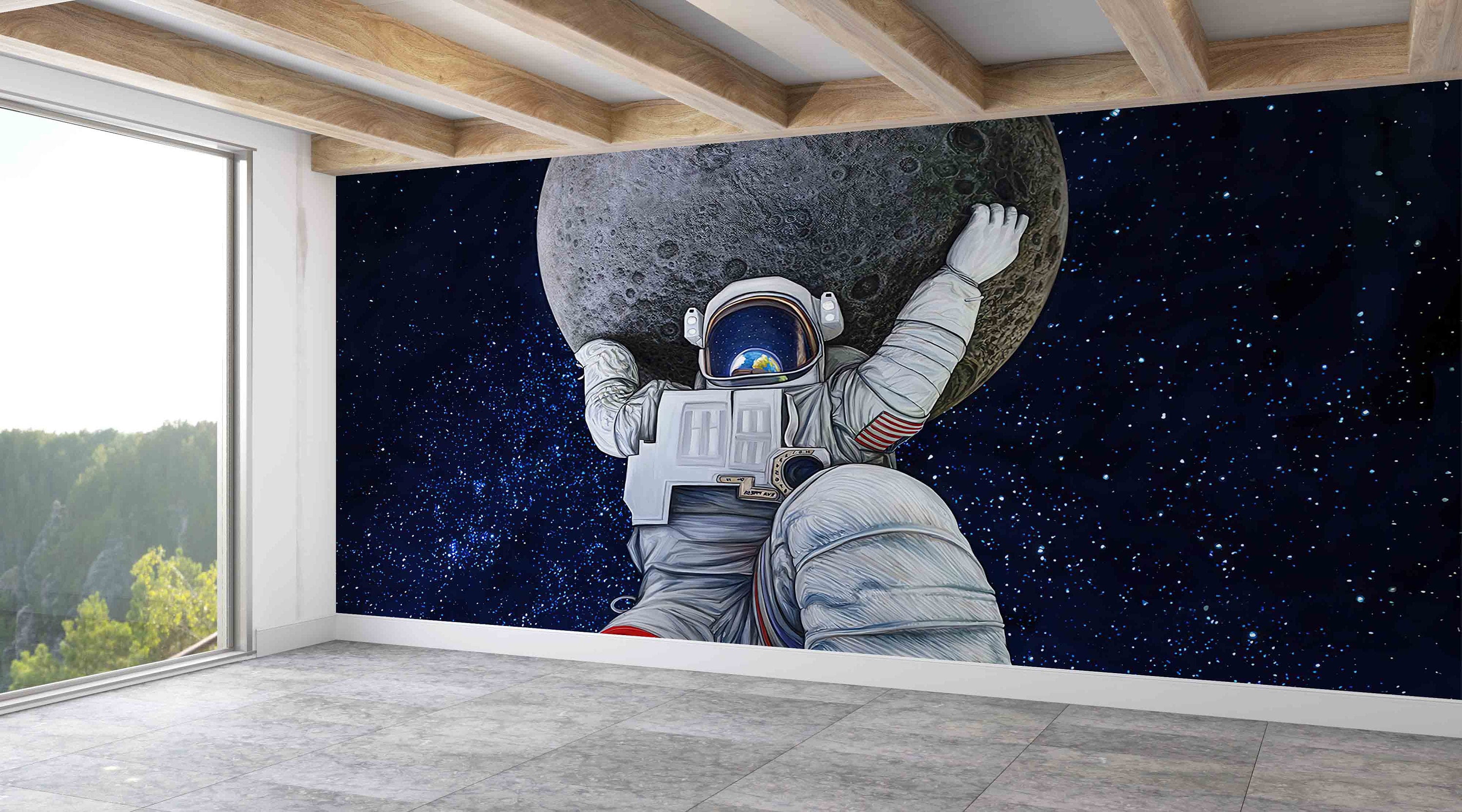 Moon And Astronaut, Galaxy Wallpaper, Paper Wall Art Bright Wallpaper ...
