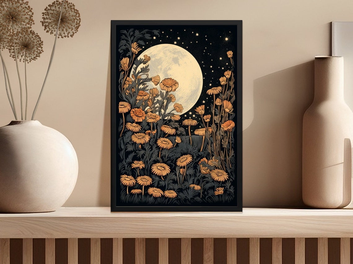 Moon And Flowers Vintage Block Style Mystical Celestial Whimsigoth ...