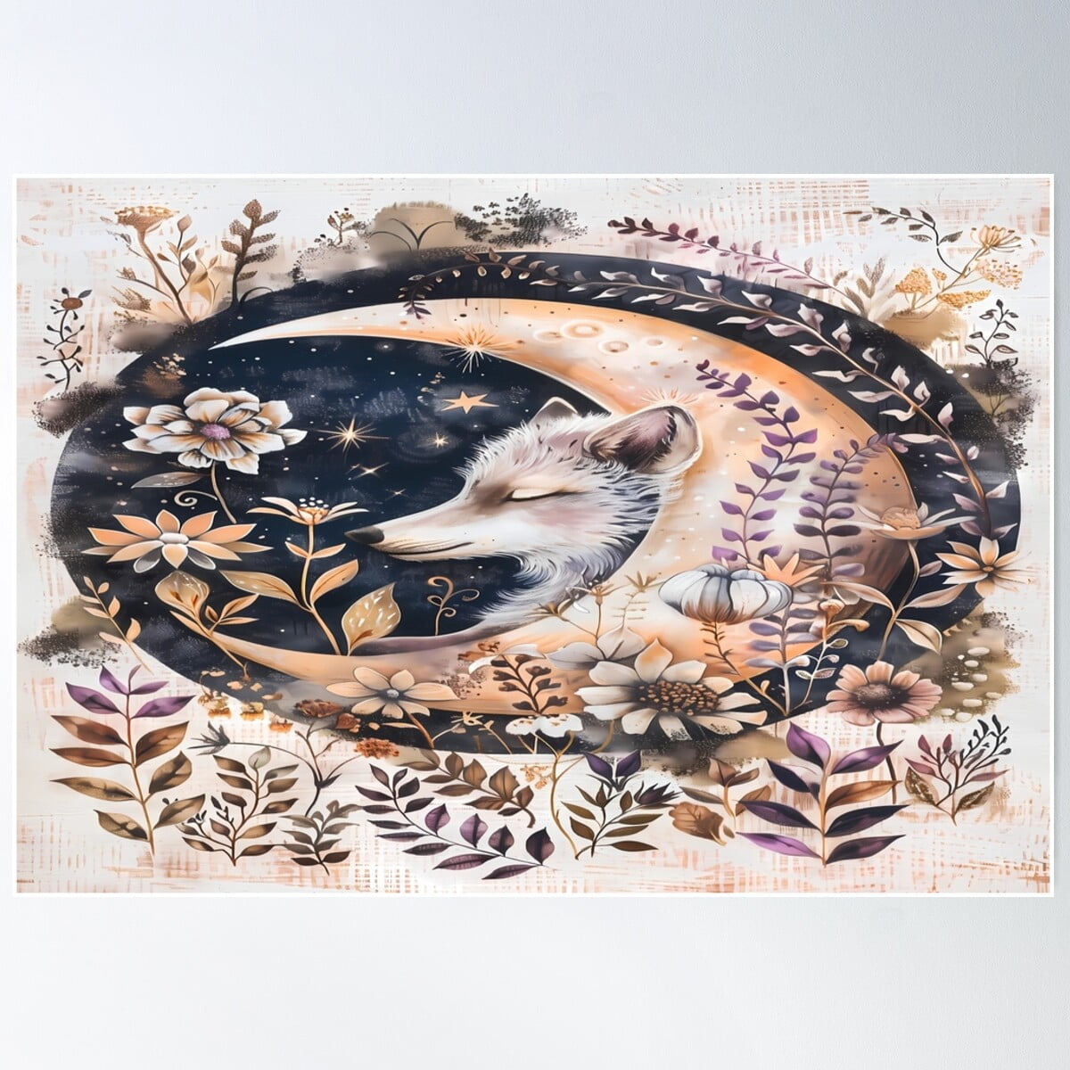 Moon And Wolf - Crescent Moon Drawing Poster Wall Art, Modern Wall ...