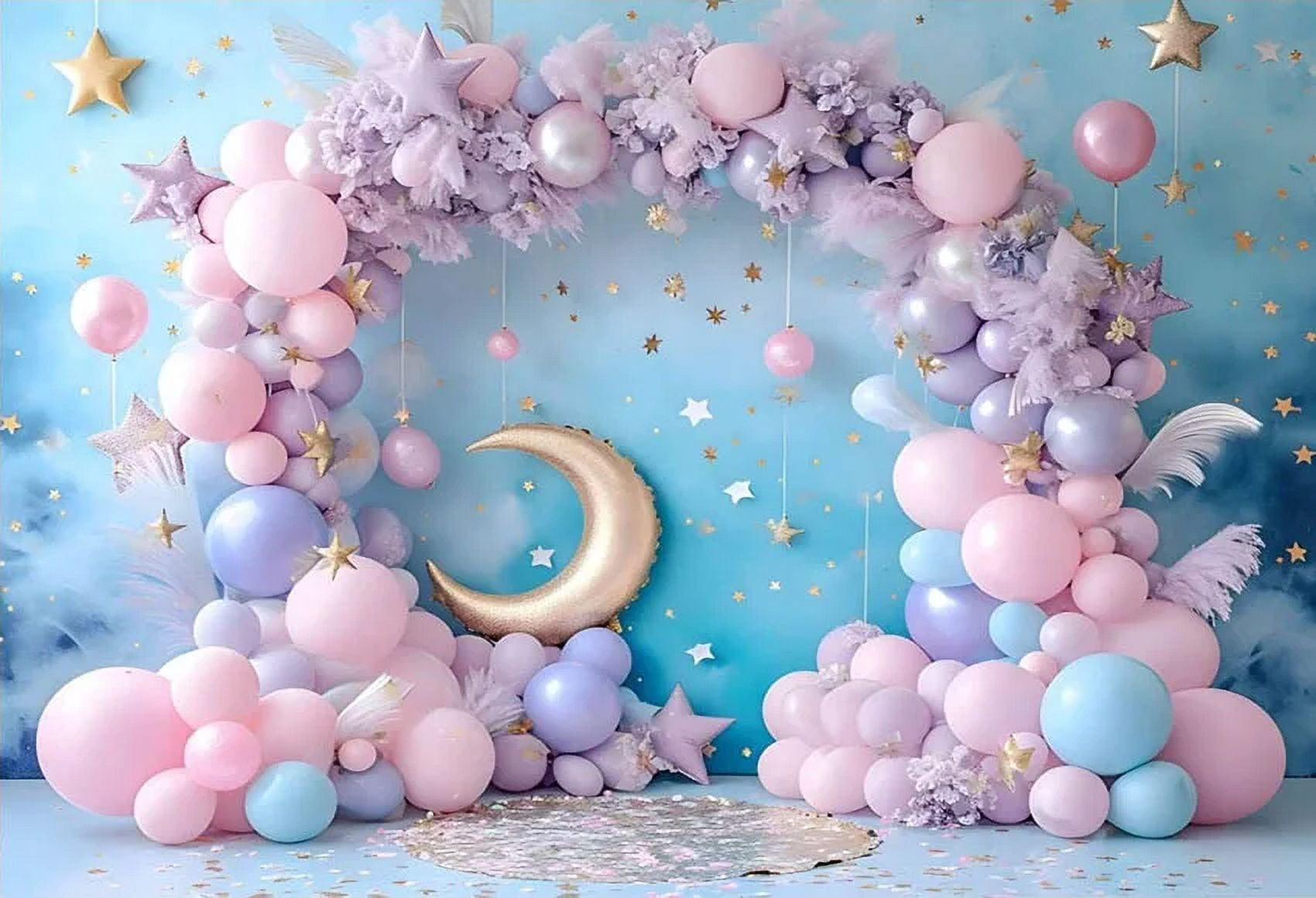 Moon Arch Balloon Floral Curtain Kids Birthday Cake Smash Portrait r ...