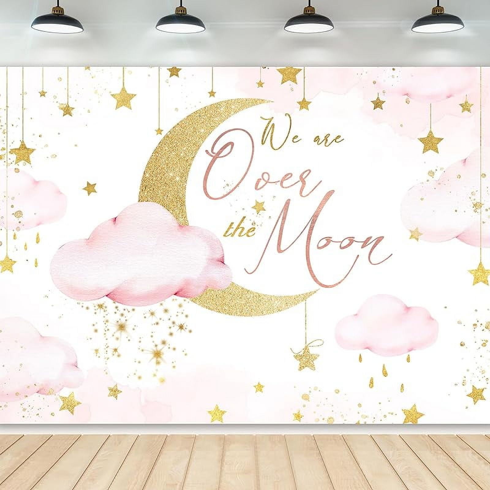 We are Over The Moon Baby Shower Backdrop Photography Moon and Stars Starry Night Celestial ...