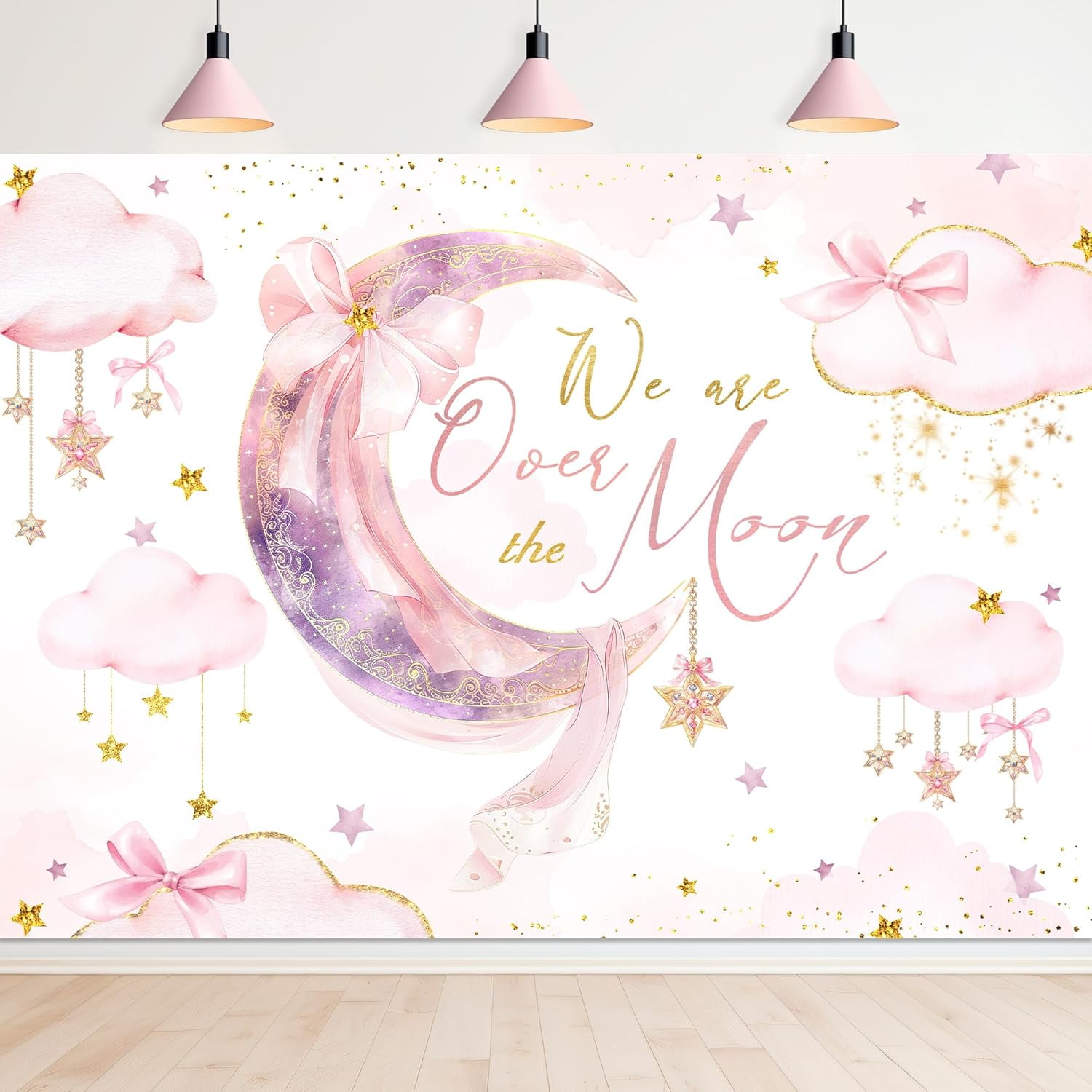 We are Over The Moon Baby Shower Backdrop Photography Moon and Stars Starry Night Celestial ...