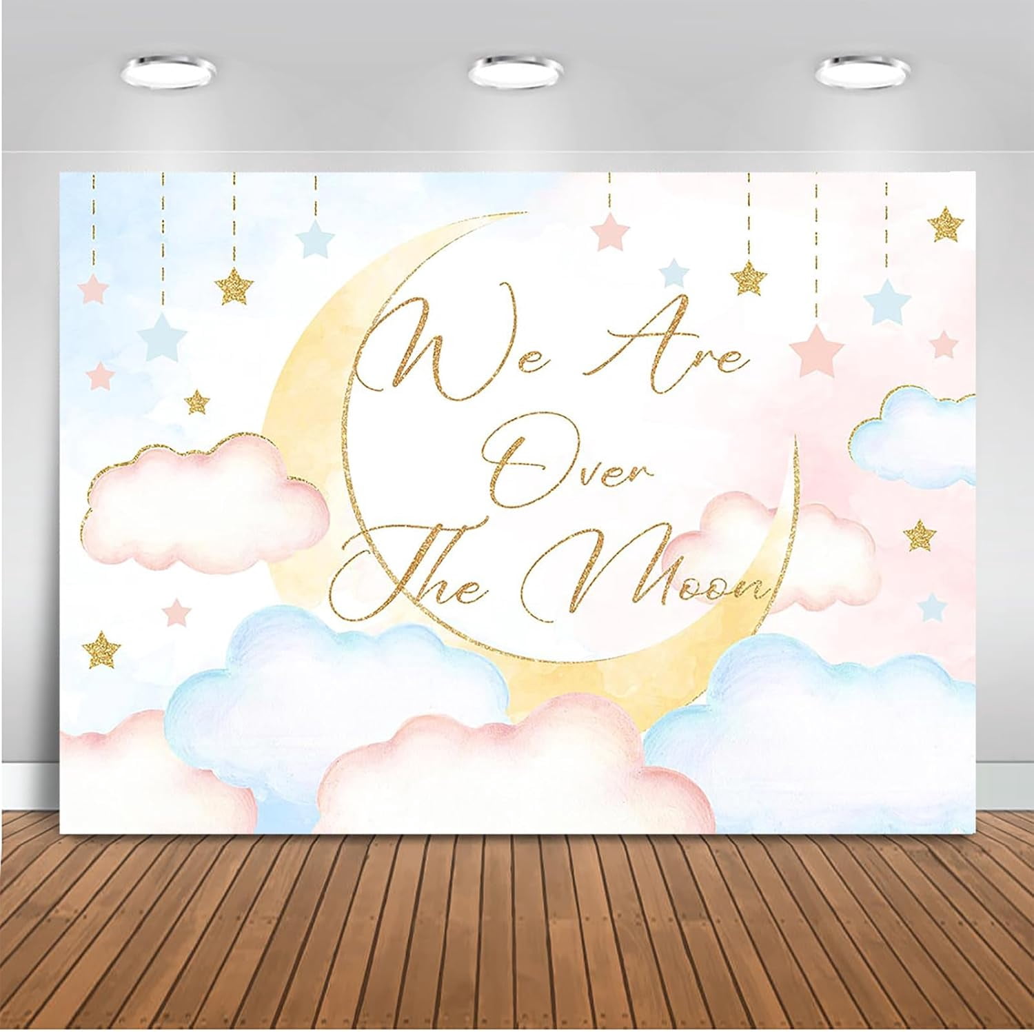 We are Over The Moon Baby Shower Backdrop Pink and Blue Moon and Stars ...