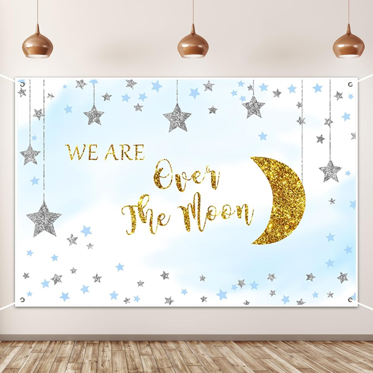 We are Over The Moon Baby Shower Backdrop Shiny Moon and Stars ...