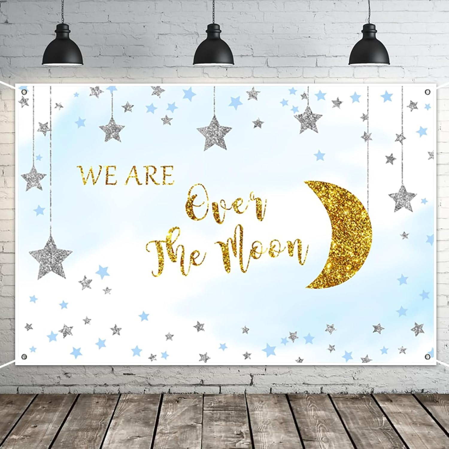 We are Over The Moon Baby Shower Blue Pretty Backdrop Shiny Moon and ...