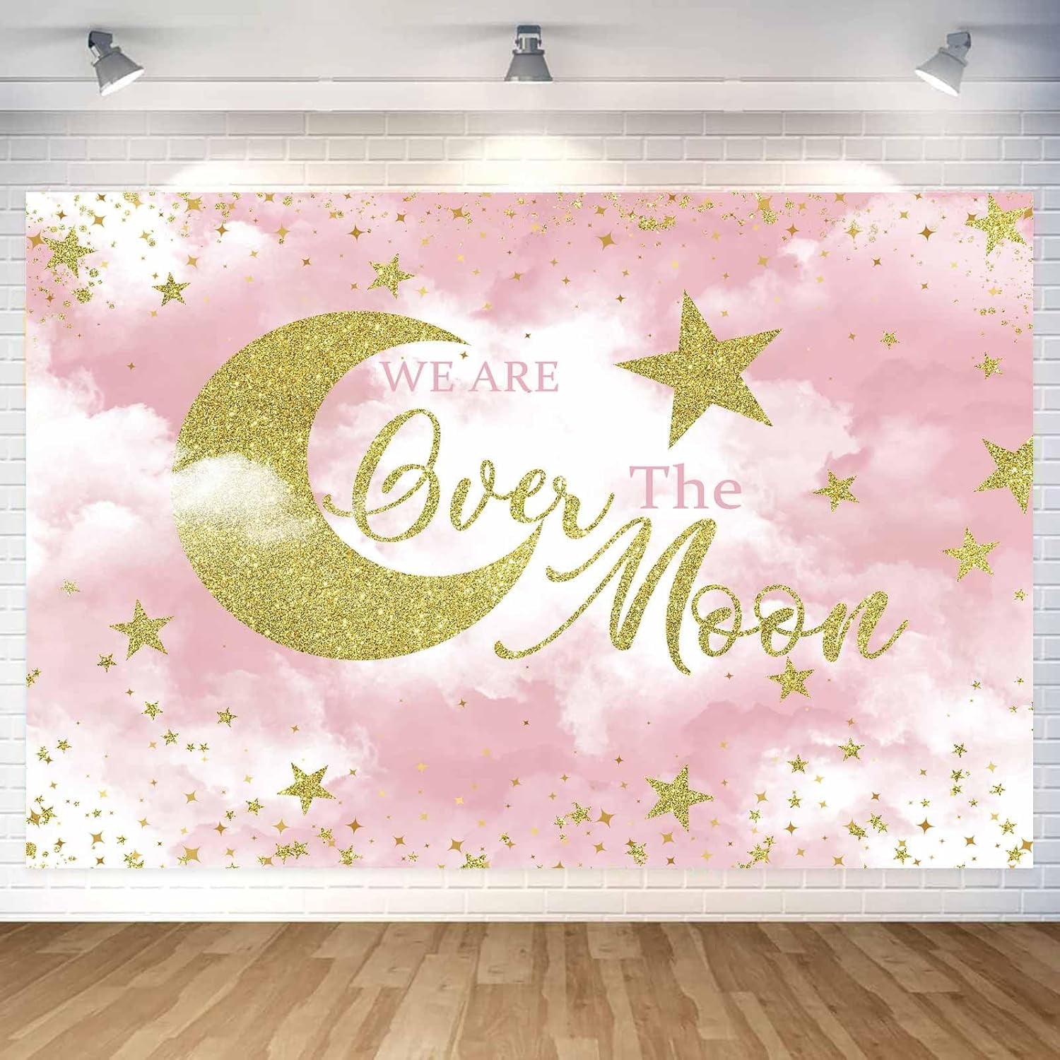 We are Over The Moon Baby Shower Decorations Banner Backdrop Photography Background Pink Moon ...