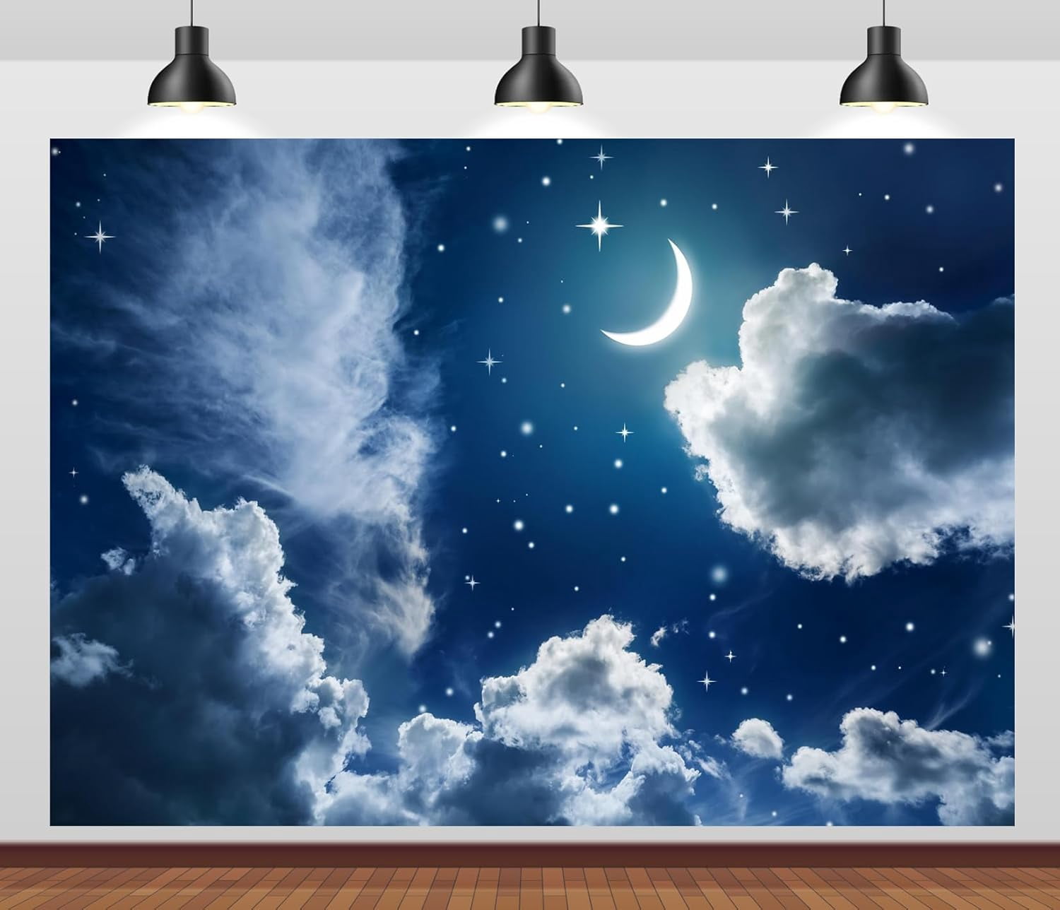 Moon Backdrop Photography Blue Starry Sky Crescent Cumulus Picture for ...