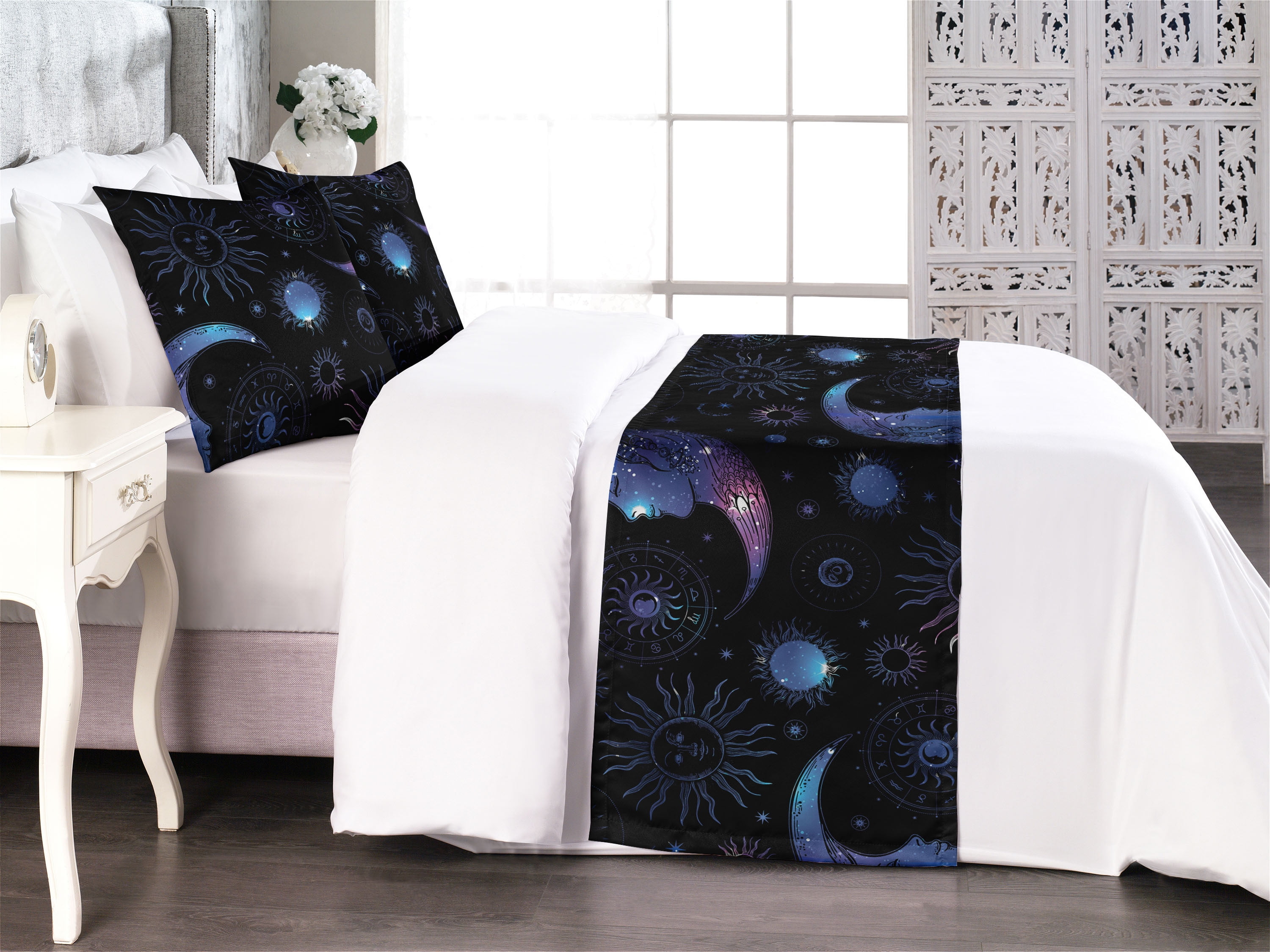 Moon Bed Runner Set, Galaxy Theme Sun and Crescent Sketch Pattern ...