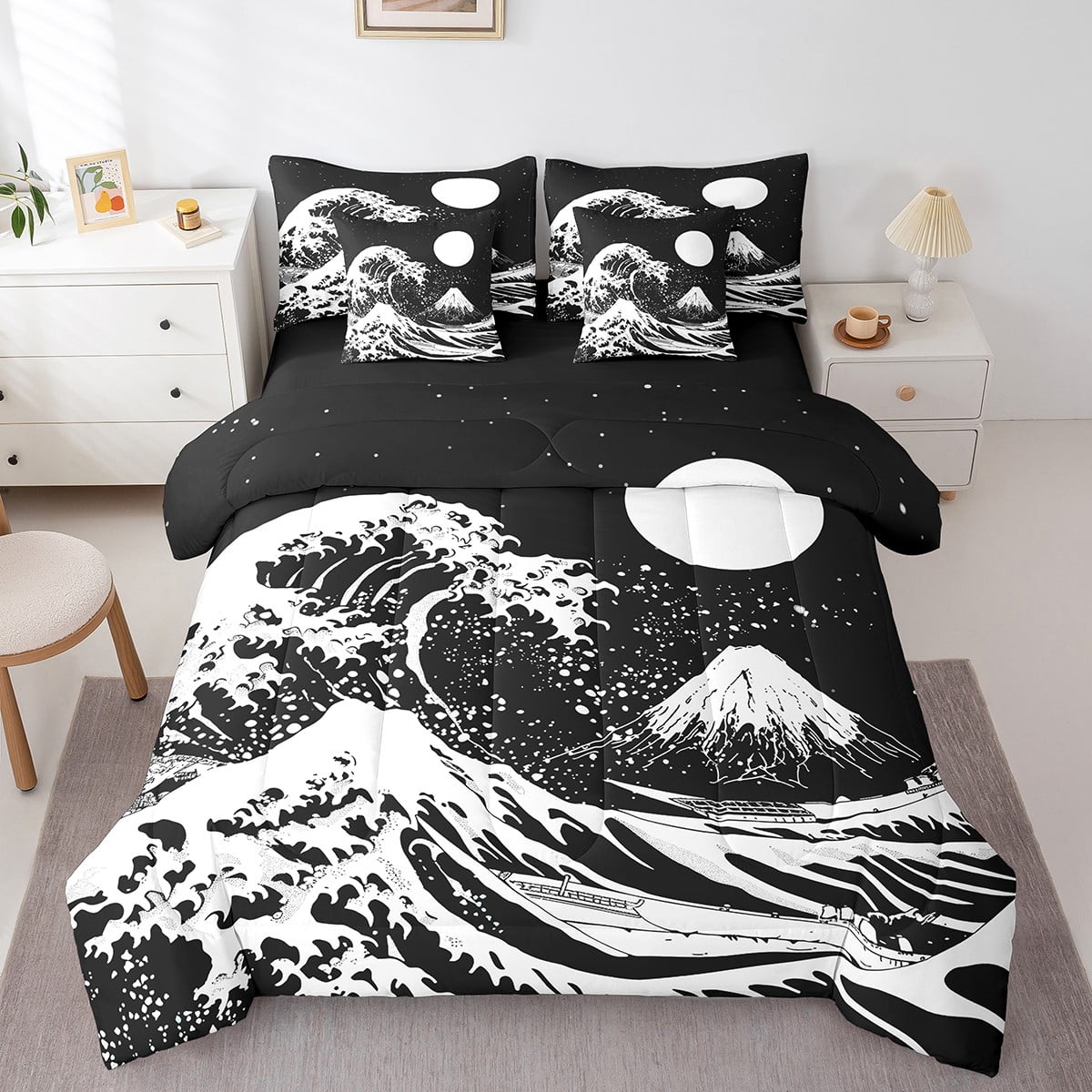 Moon Bedding Set Ocean Waves Full Comforter Set 7pcs, Mountain Fuji ...