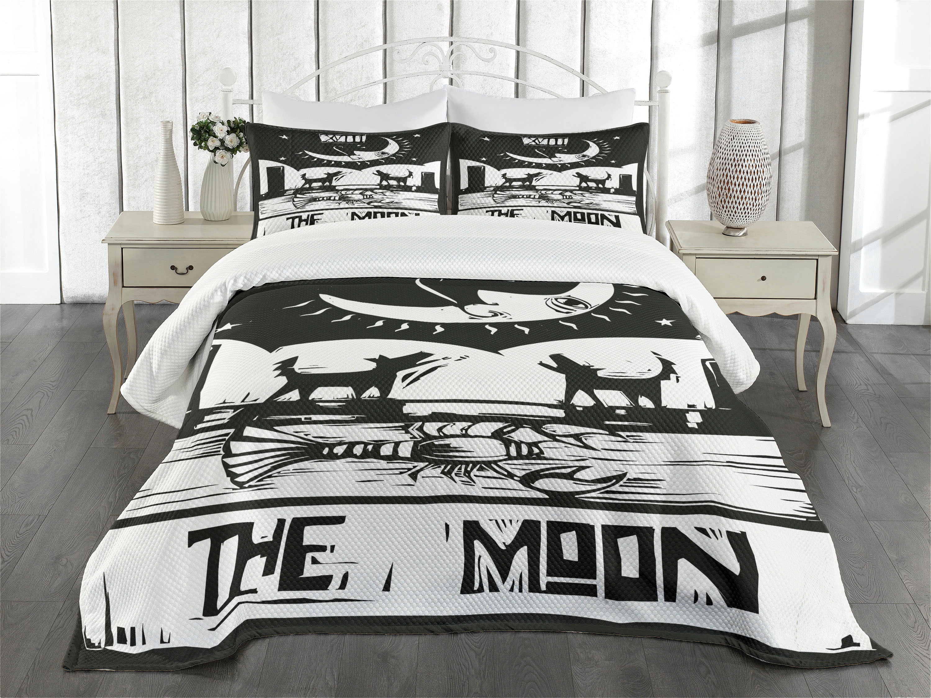 Moon Bedspread, Brown White Drawing Lobster Wolves Crescent Moon Stars ...