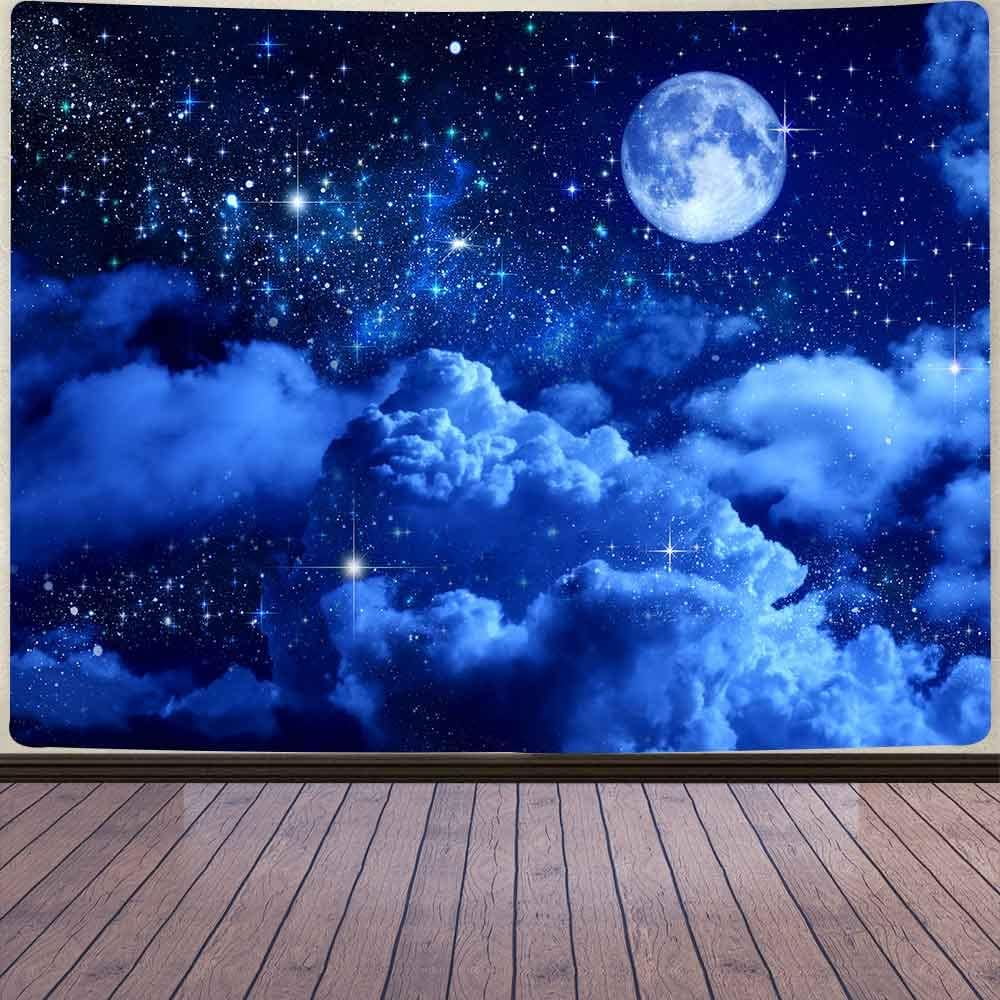 Moon Blue Sky Night Cloud Crescent Tapestry 80" x 60" Moonlight Themed Wall Art Hanging for Room ...