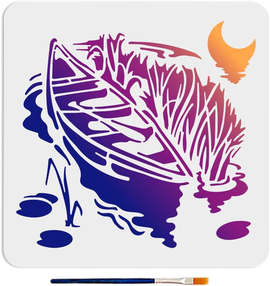 Moon Boat Reed Stencils 11.8×11.8inch Large Fishing Boat Reed Stencil ...