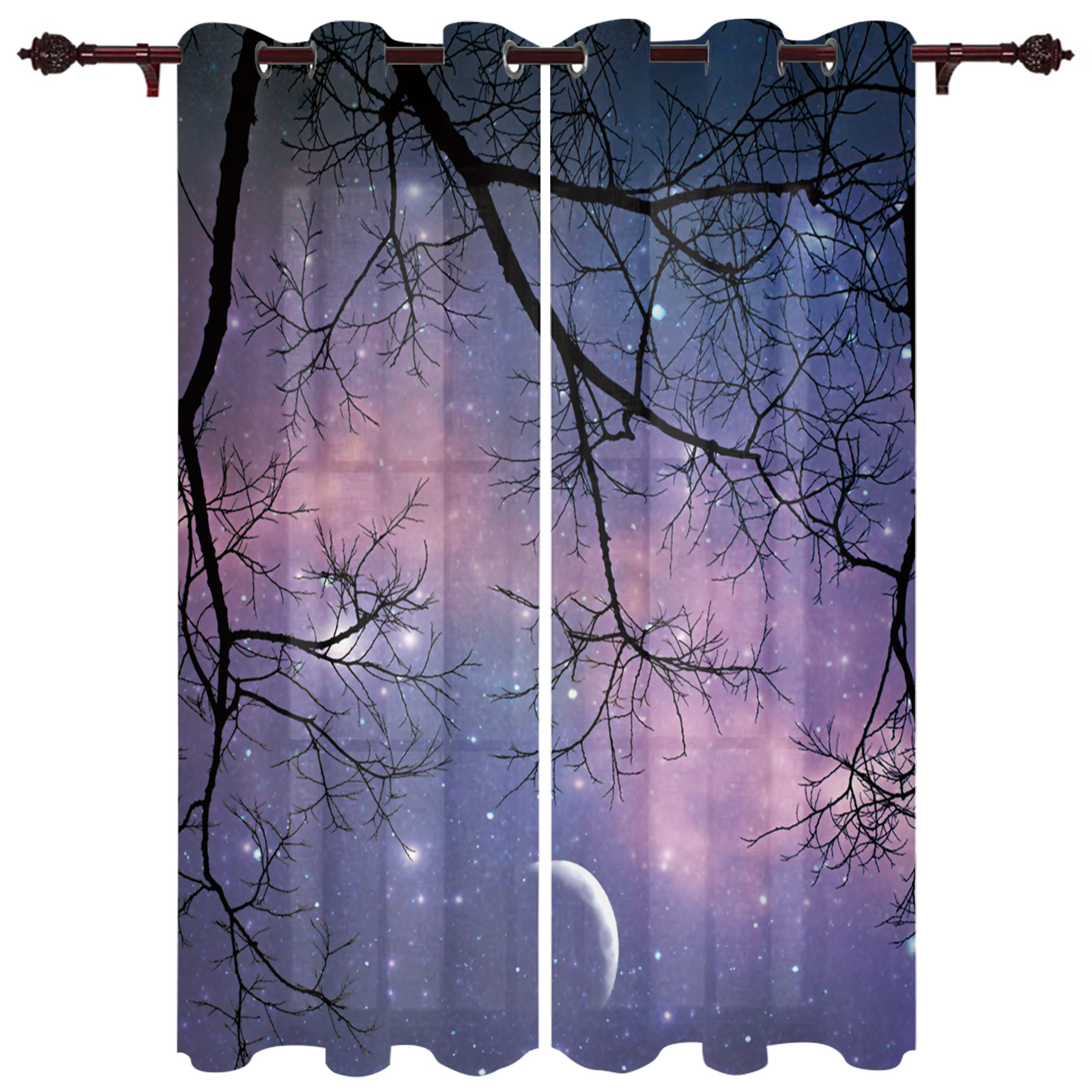 Moon Branch Night Starry Sky Window Curtains for Living Room Bedroom ...