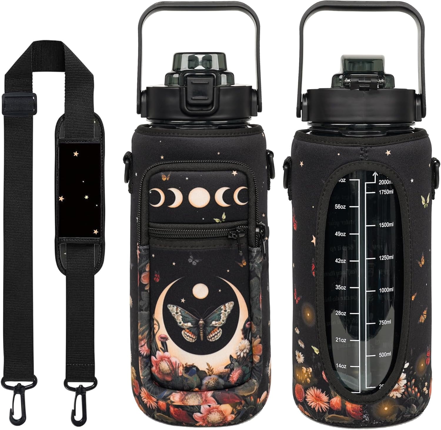 Moon Butterfly Flower Half Gallon Water Bottle with Sleeve, 64 Oz Water ...