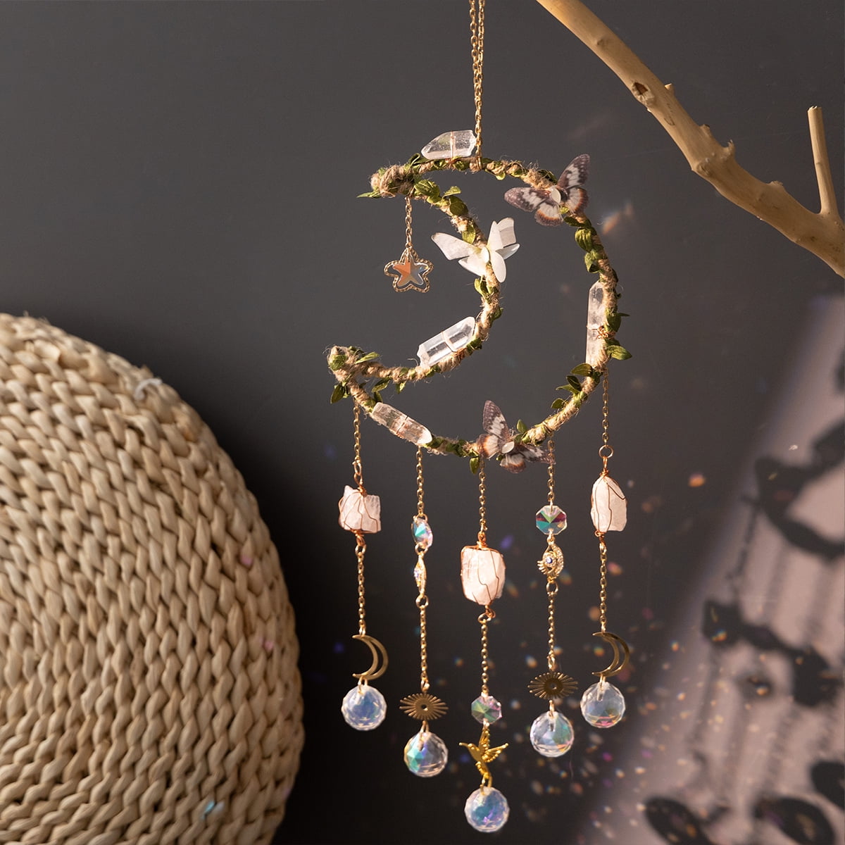 Moon Butterfly Sun Catchers with Leaves Prism Crystal Dream Catcher ...