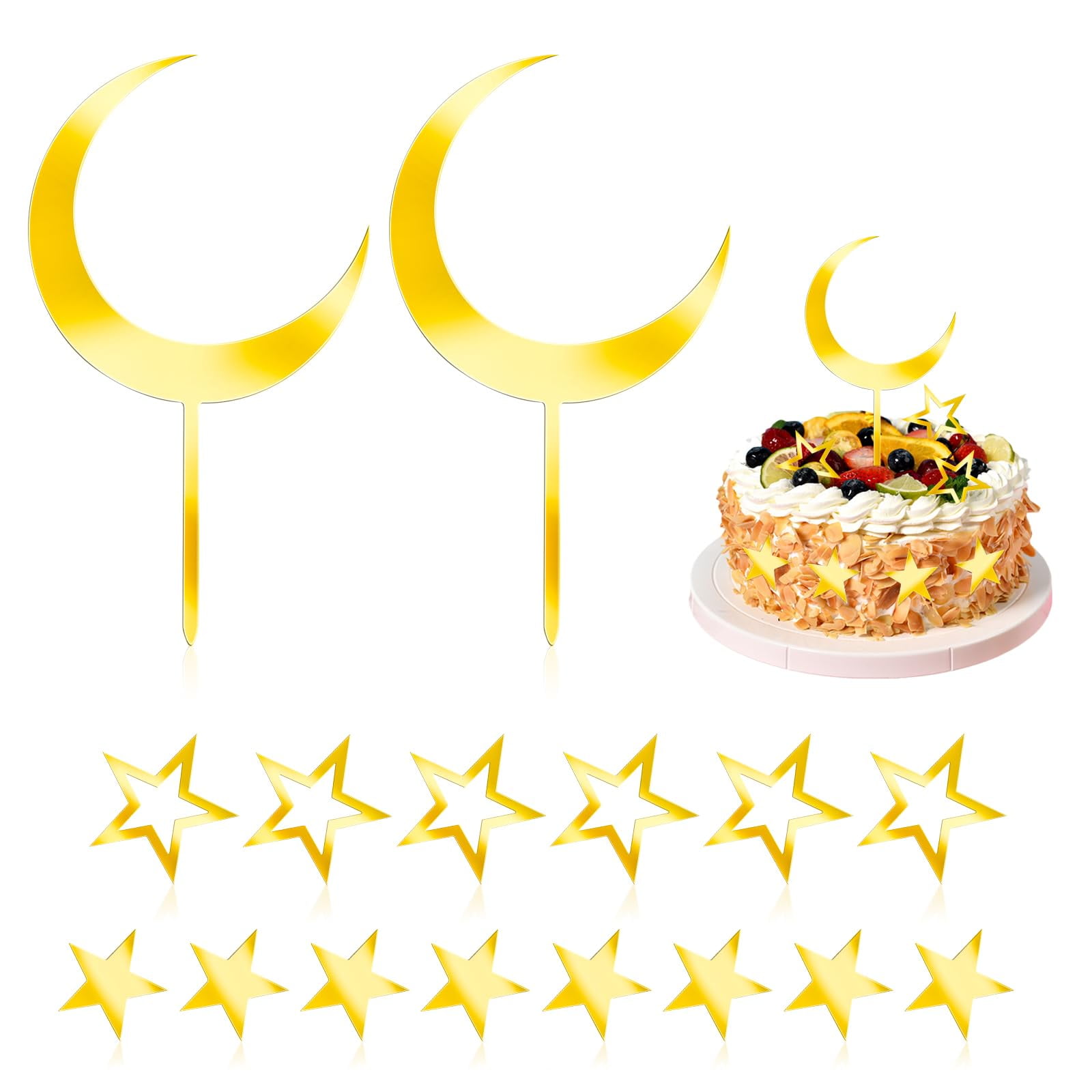 Moon Cake Toppers,TRDN 16 Pcs Acrylic Mirror Gold Moon Star Cake ...