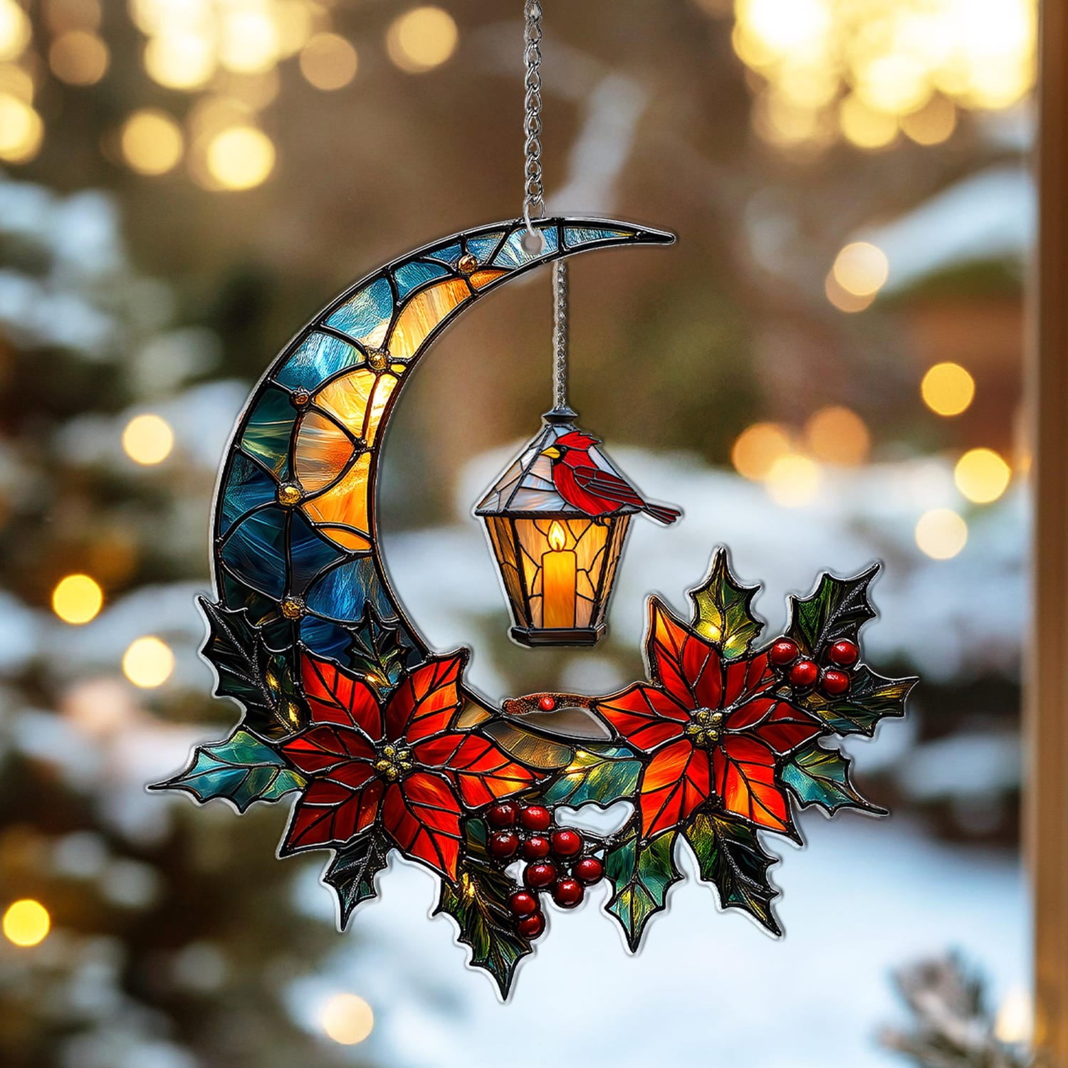Moon Cardinal Acrylic Suncatcher – Poinsettia Faux Stained Glass Window ...