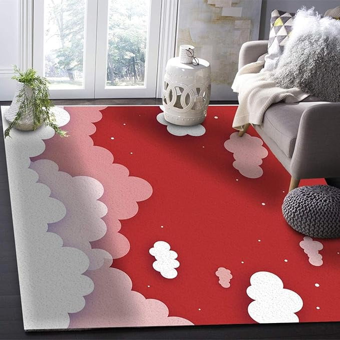 Moon Cartoon Starry Sky Clouds Area Rugs, Cartoon Cloud Stars Red Soft ...