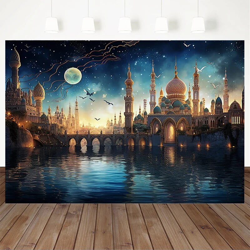 Moon Castle Background Photography Art Starry Sky Lake Bridge Adult ...