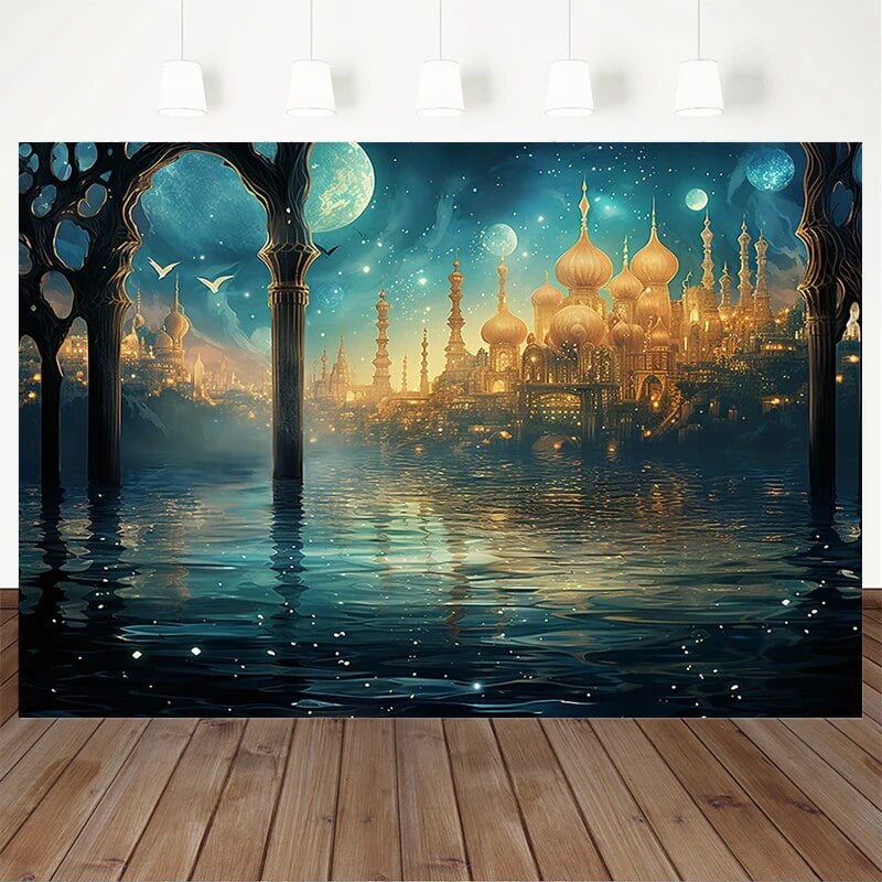 Moon Castle Background Photography Art Starry Sky Lake Bridge Adult ...