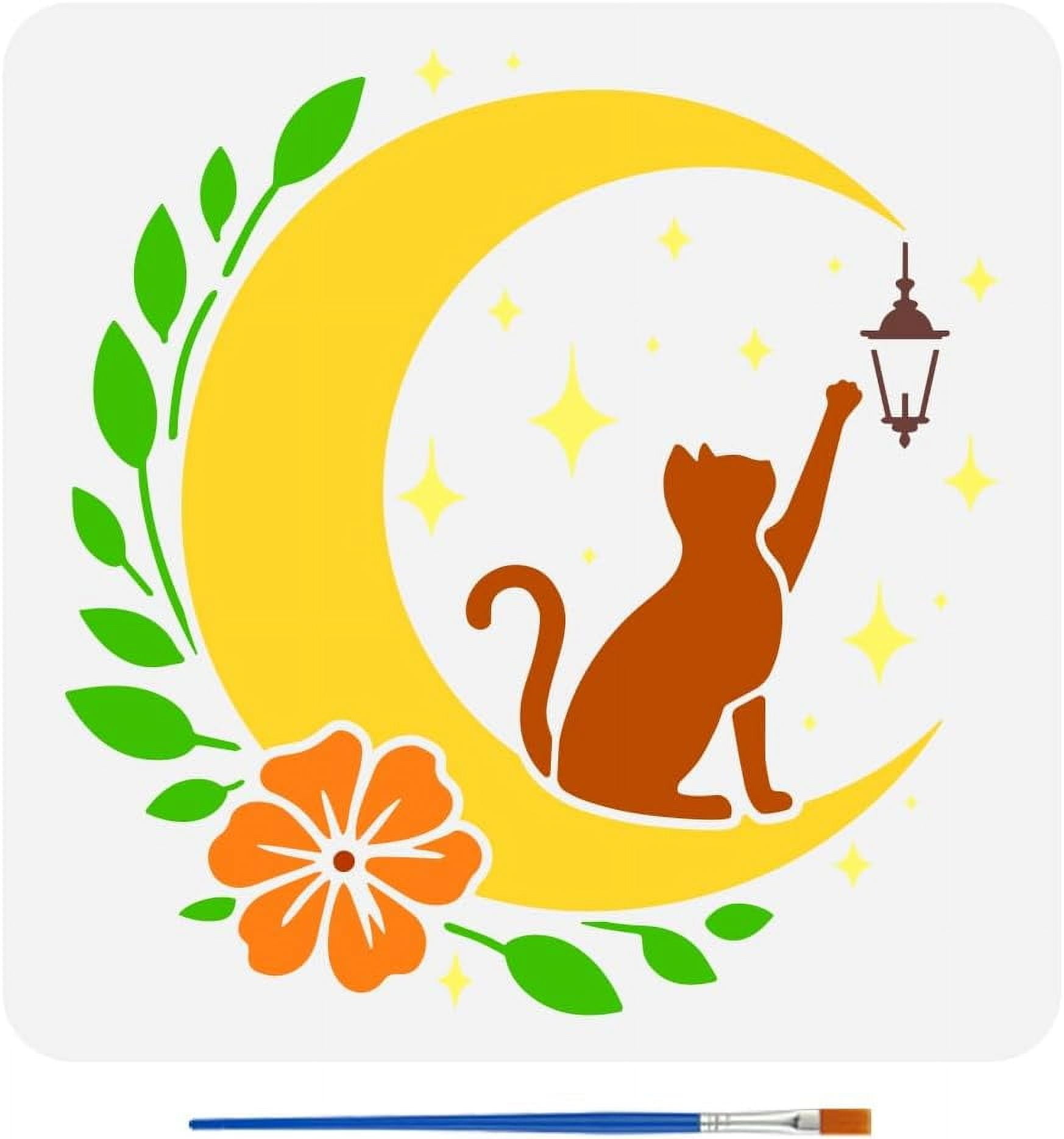 Moon Cat Stencil for Painting 11.8x11.8 inch Hollowed Cute Cats ...