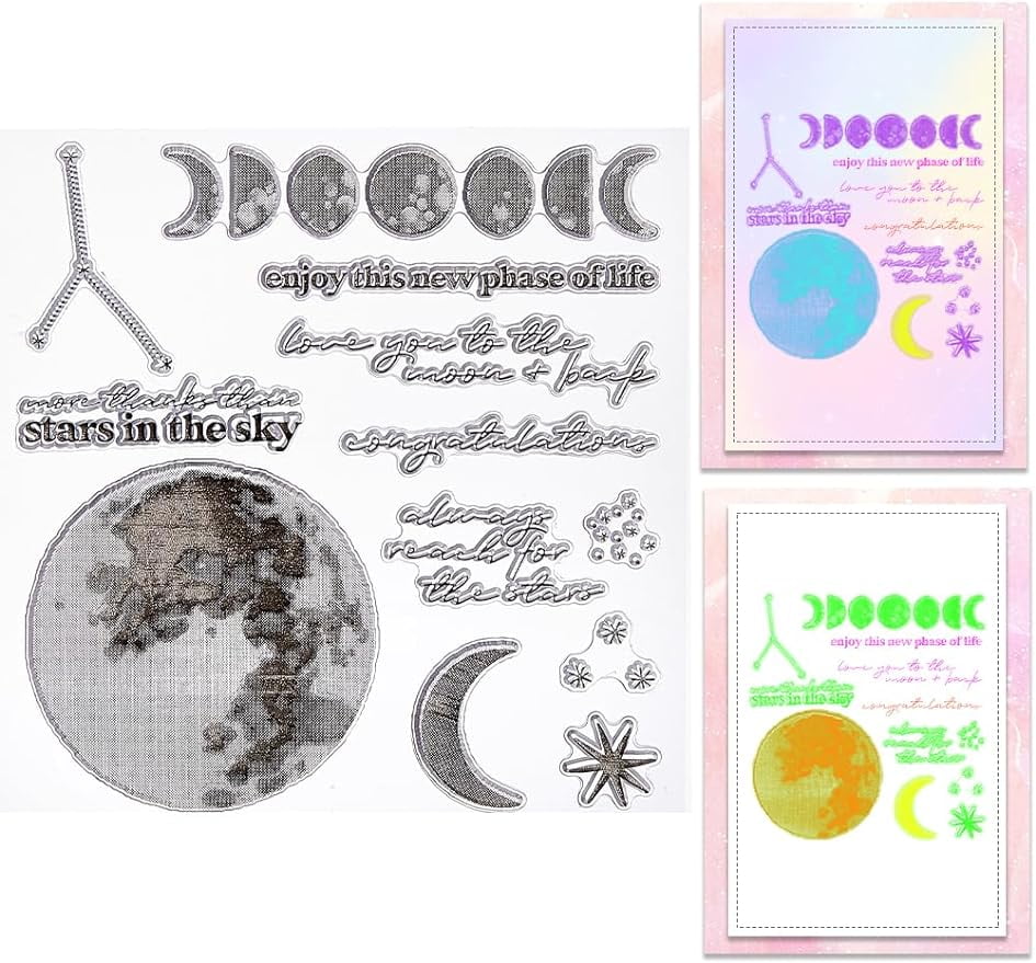 Moon Clear Stamps Moon Phases Stars Words Reusable Retro Transparent ...