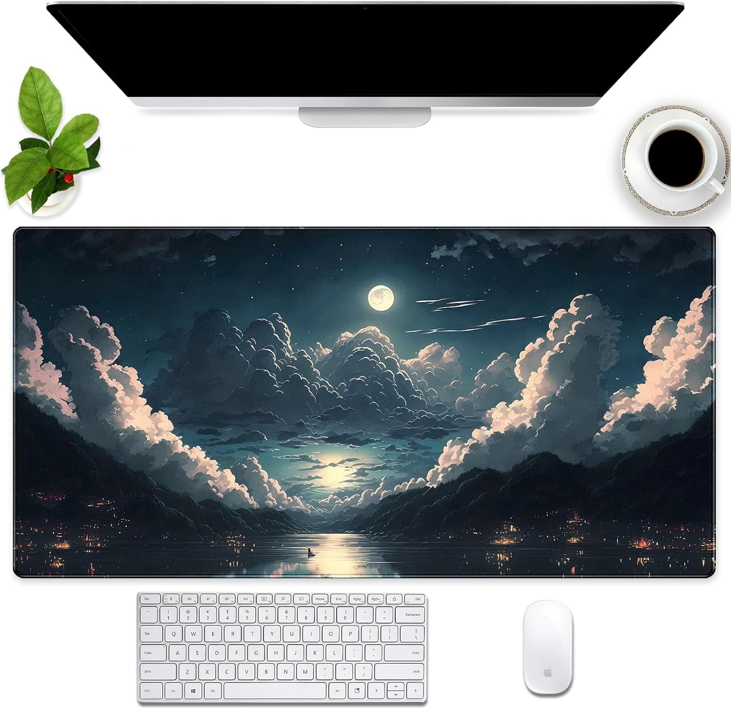 Moon and Cloud Desk Mat Mouse Pad, Large Gaming Desk Pad with Stitched ...