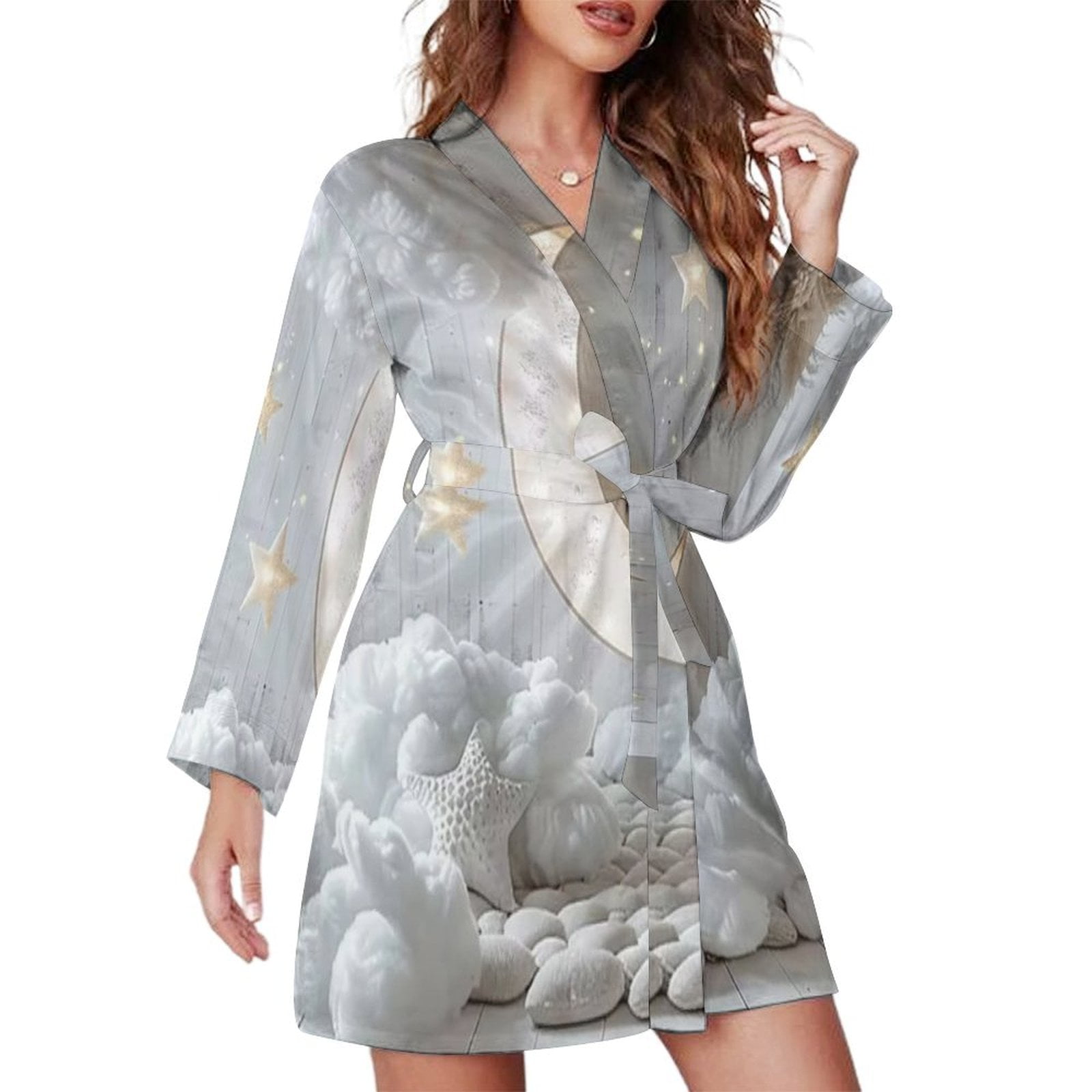 Moon Clouds Night Robe Long Sleeve V Neck Robe With Belt Women's ...