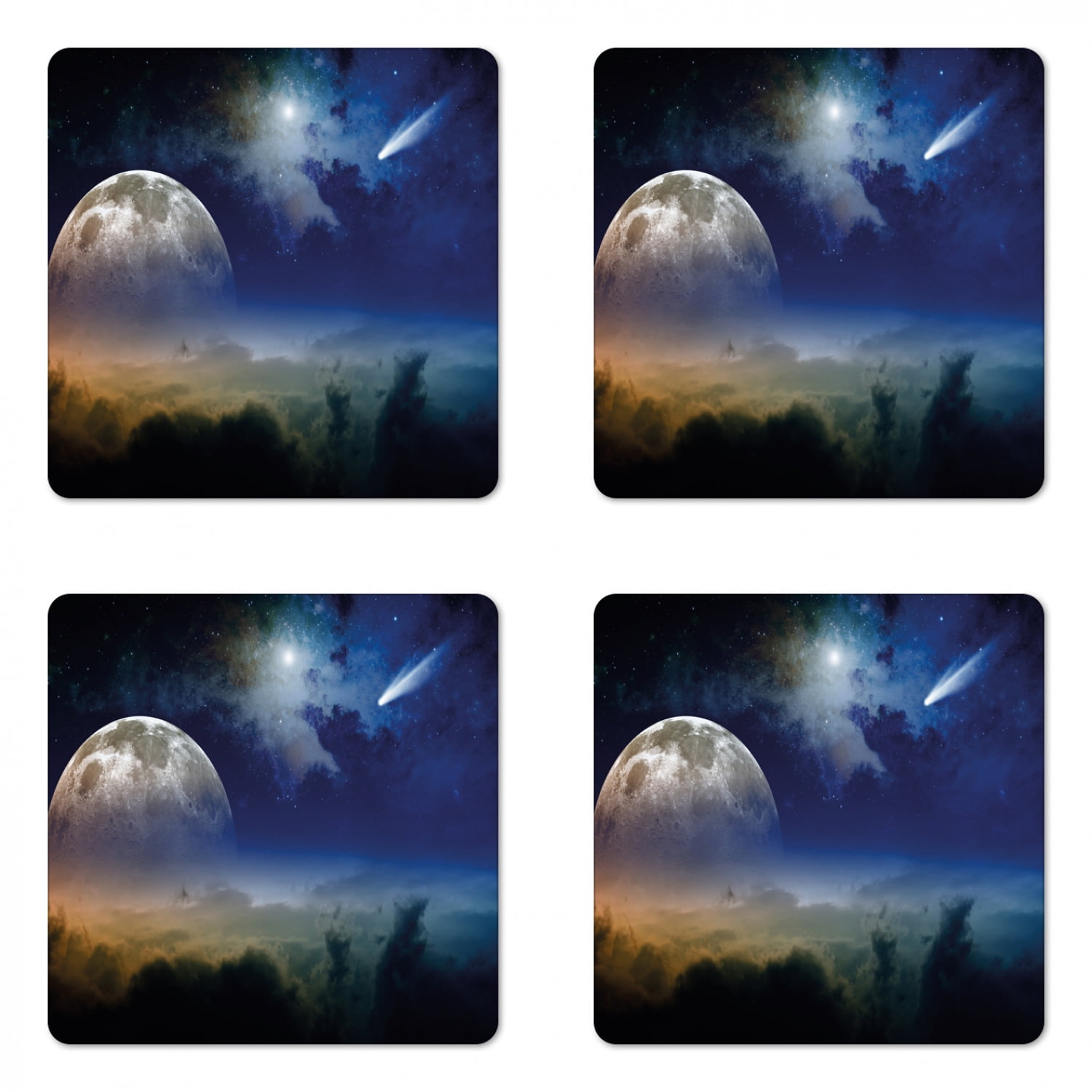 Moon Coaster Set of 4, Full Moon Rising with Shooting Star Cloudy Night ...