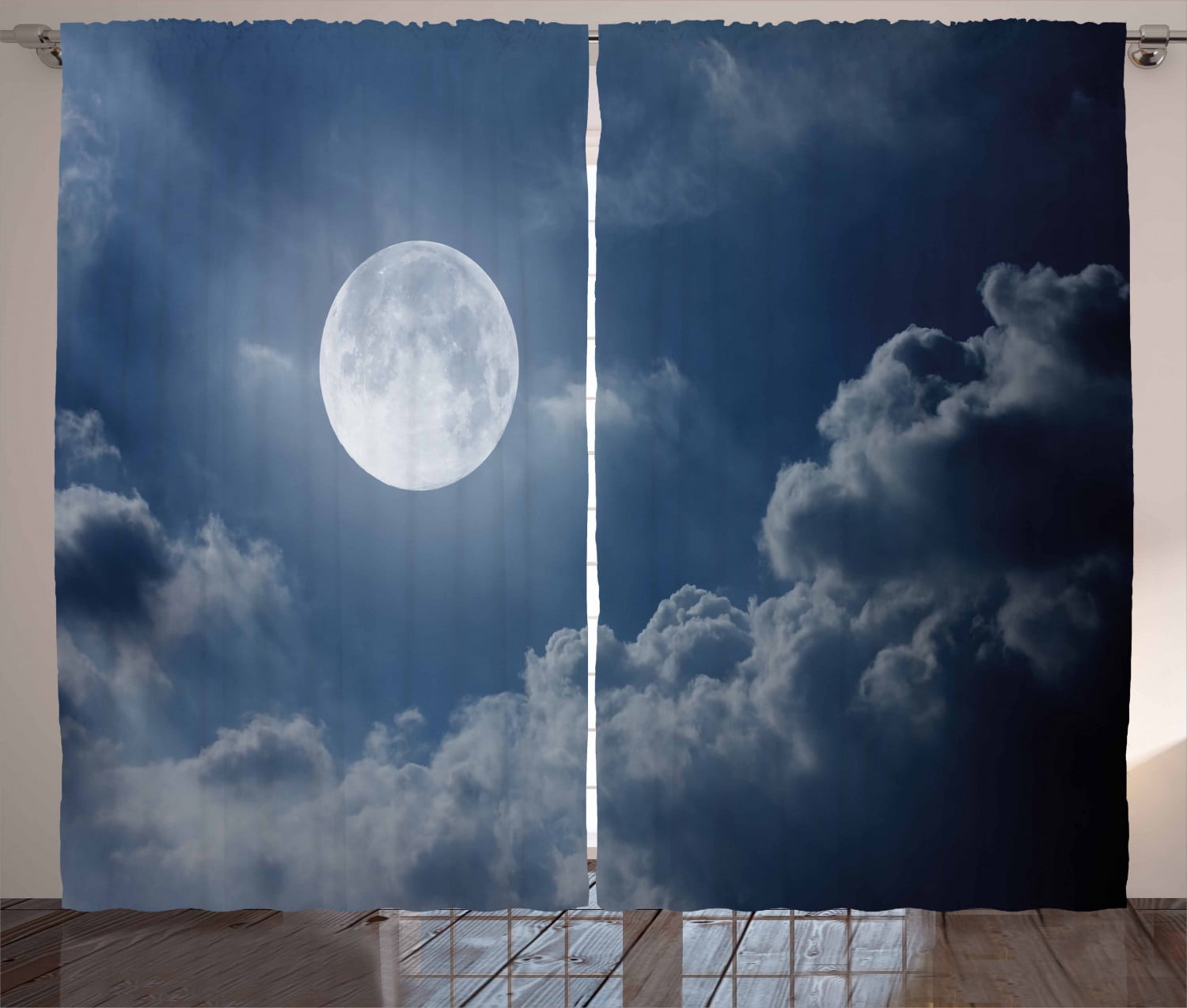 Ambesonne Moon Curtains 2 Panel Set, Night Skyline Full Moon, 108" x 90 ...