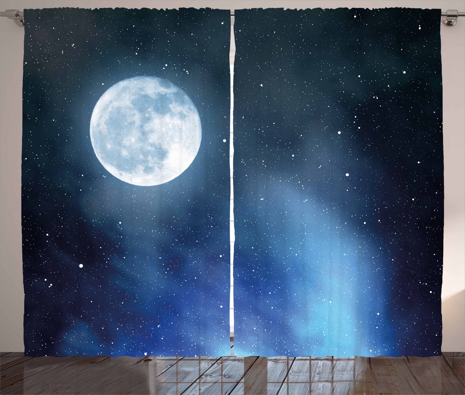 Ambesonne Moon Curtains 2 Panel Set, Starry Night Sky Full Moon, 108" x ...