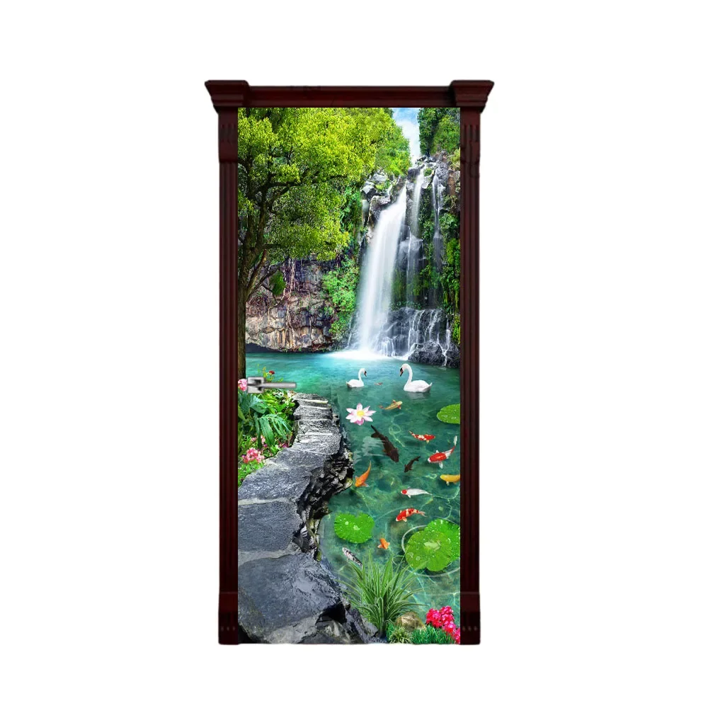 Moon Door Sticker PVC 3D DIY Self-Adhesive Waterfall Sunshine Forest ...