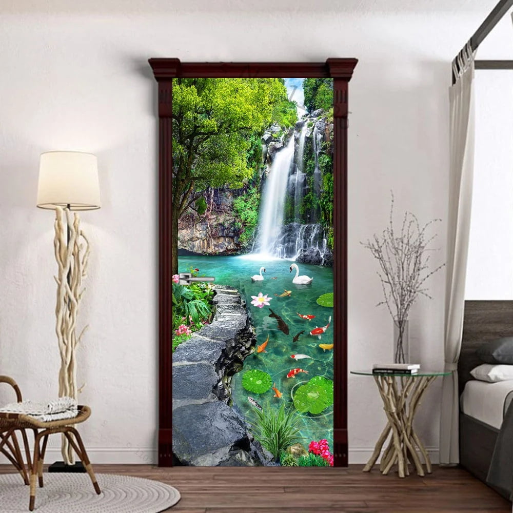 Moon Door Sticker PVC 3D DIY Self-Adhesive Waterfall Sunshine Forest ...