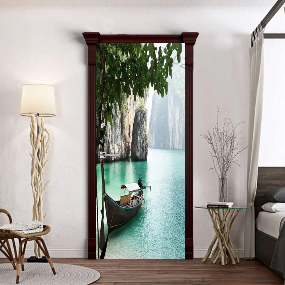 Moon Door Sticker PVC 3D DIY Self-Adhesive Waterfall Sunshine Forest ...