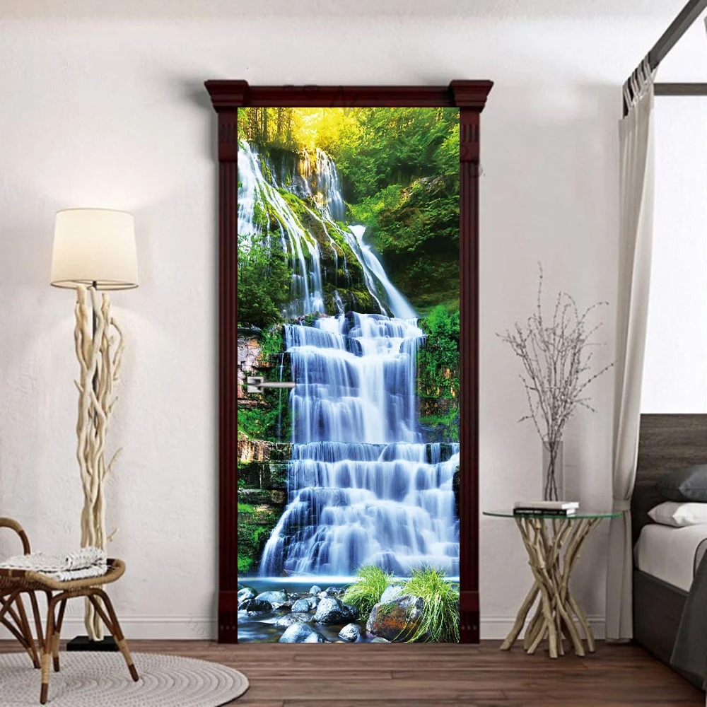 Moon Door Sticker PVC 3D DIY Self-Adhesive Waterfall Sunshine Forest ...