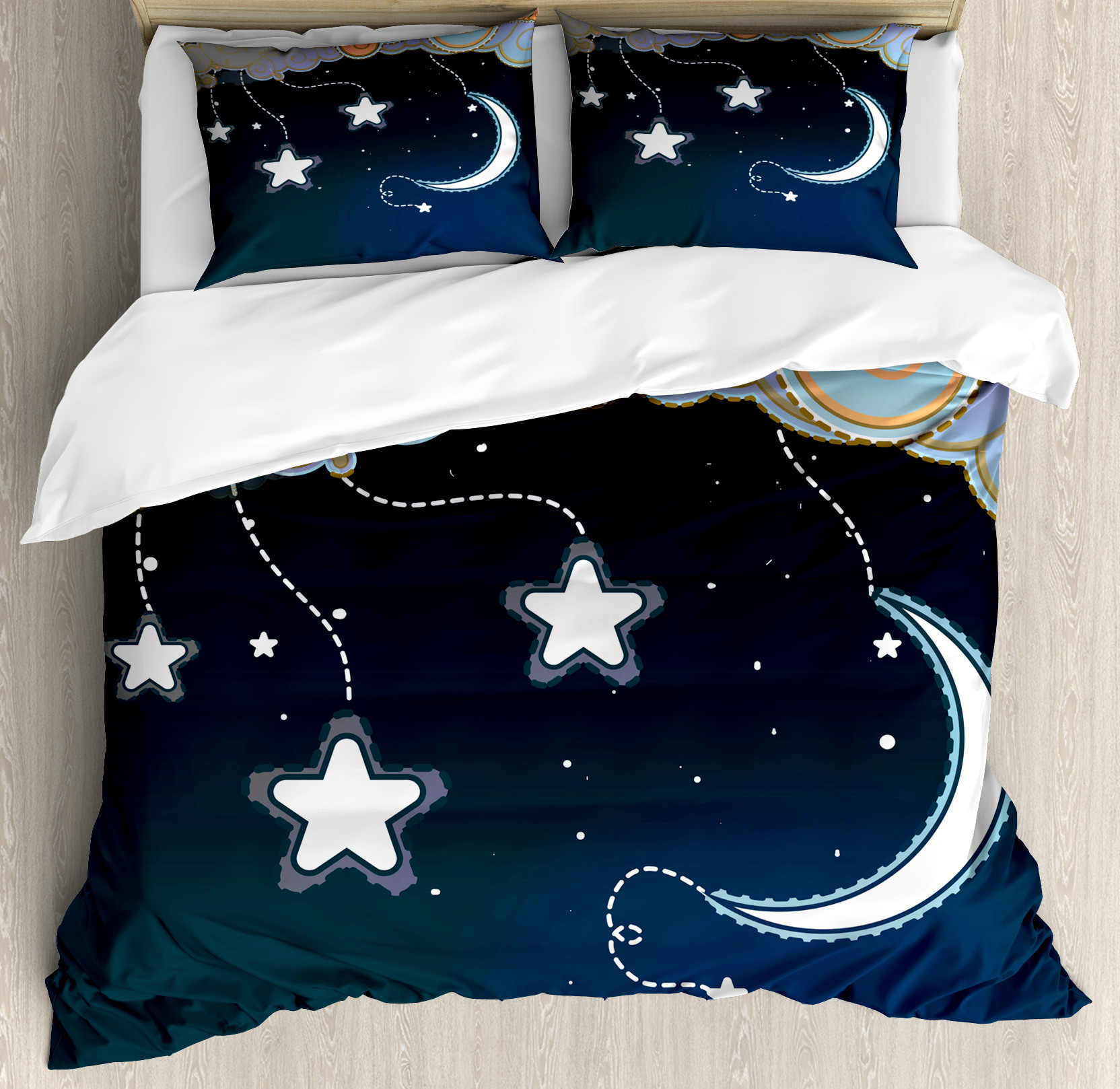 Moon Duvet Cover Set, Cartoon Style Night Sky with Swirled Clouds Stars ...