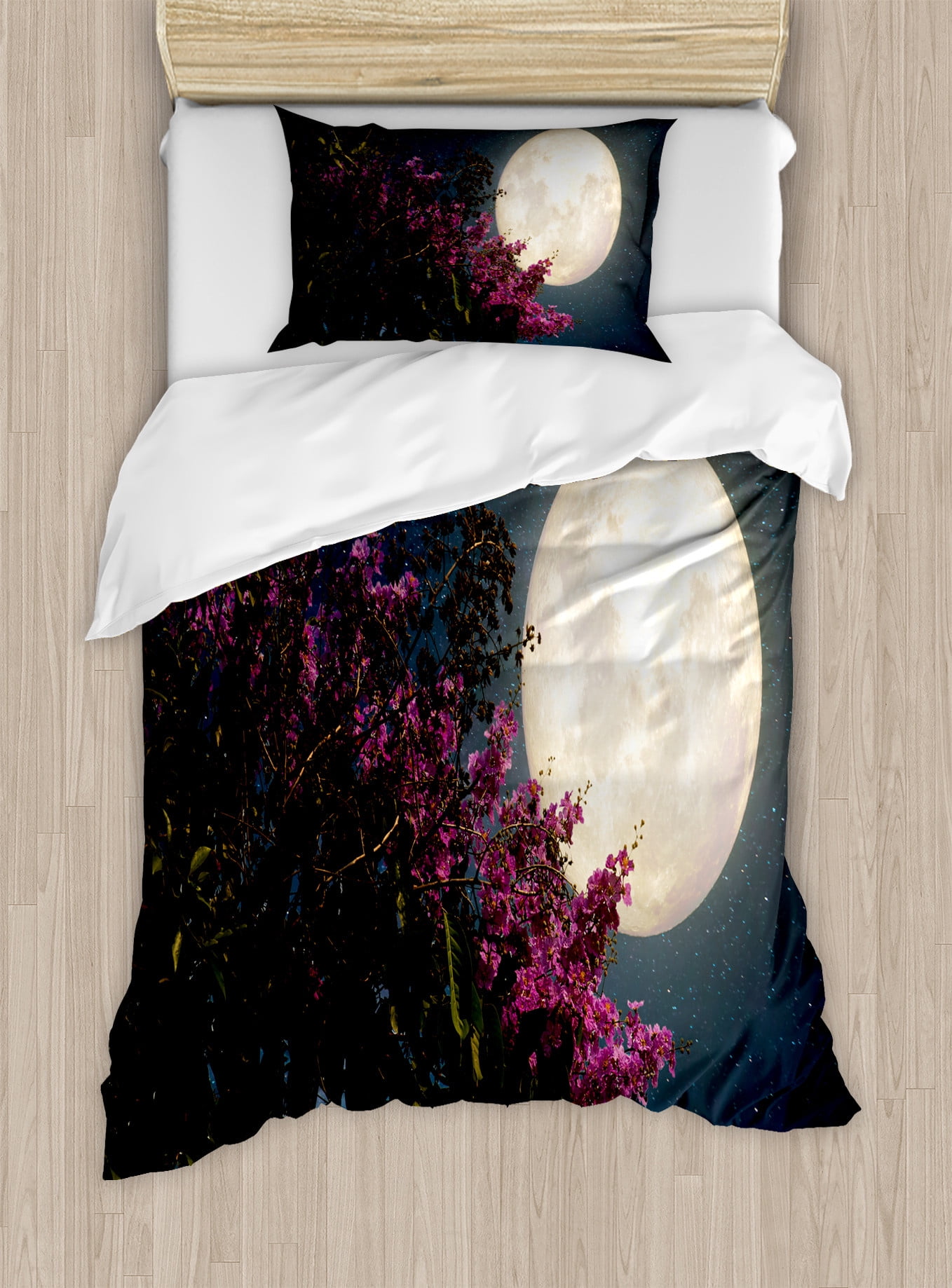 Moon Duvet Cover Set, Cherry Blossom Stars from Milky Way Eastern Night ...