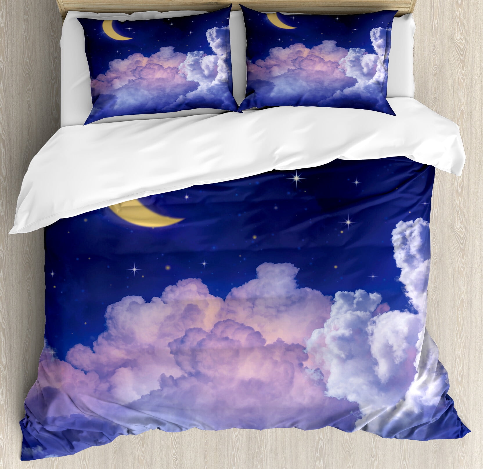 Moon Duvet Cover Set, Cloudy Sky Illustration of the Moon and Stars in ...