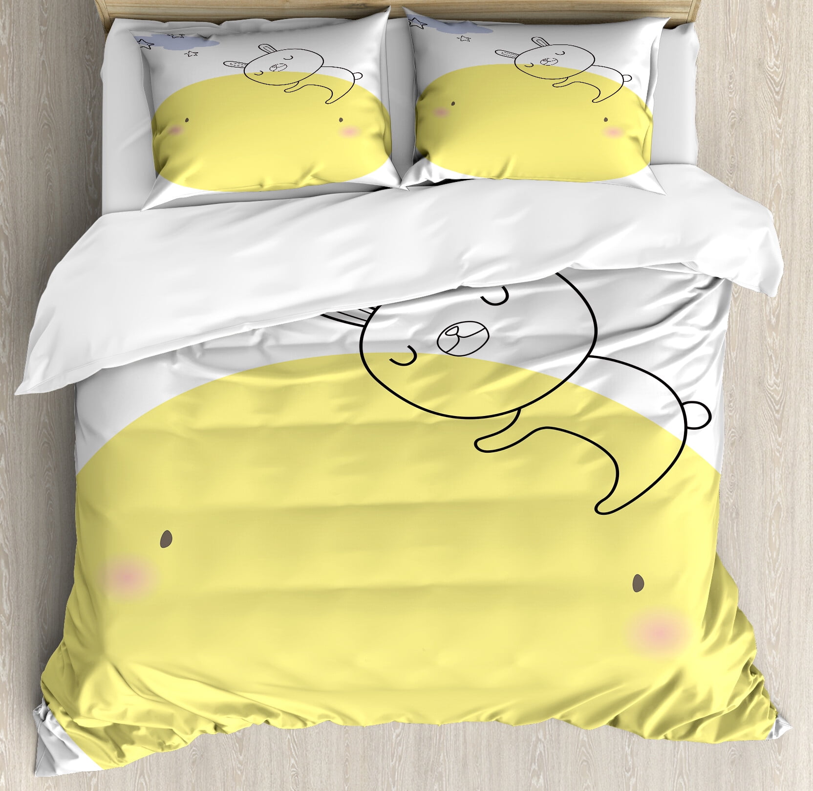 Moon Duvet Cover Set, Doodle Style Cartoon Bunny Sleeping on Moon with ...