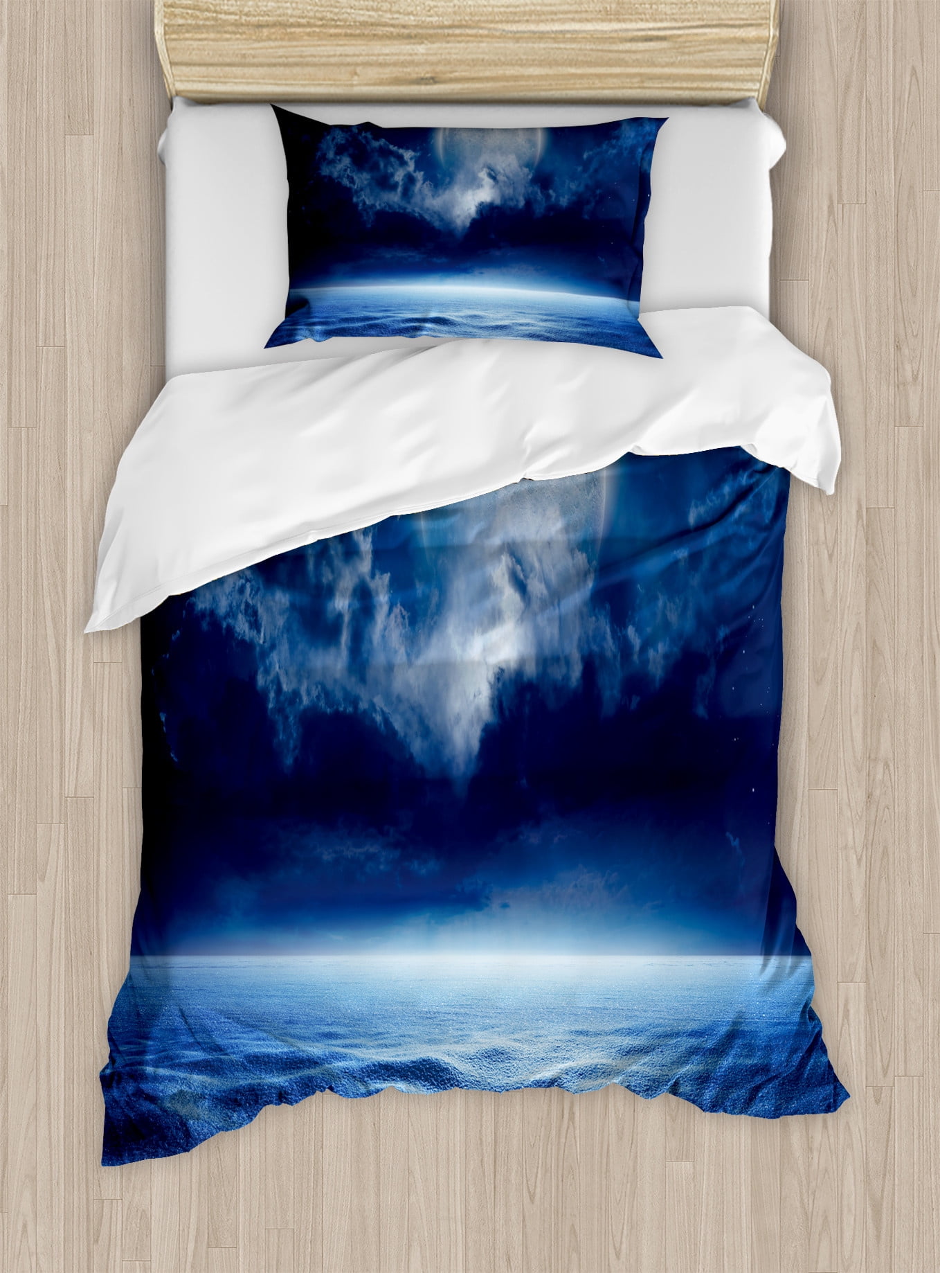 Moon Duvet Cover Set, Full Moon with Calm Sea and Clouds Nature Image ...